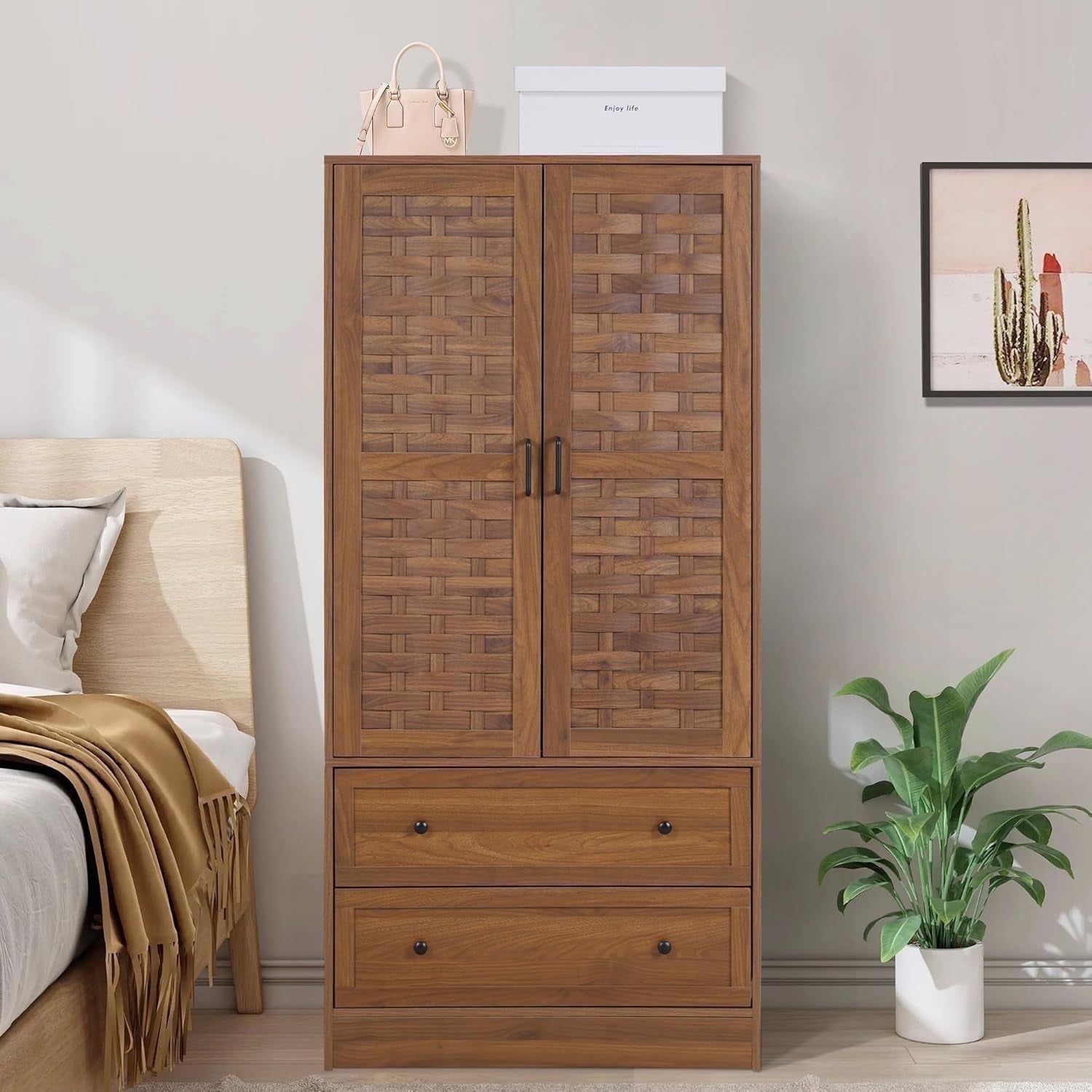 Wirrytor Armoire Wardrobe Closet with 2 Woven Doors, Wardrobe Cabinet ...