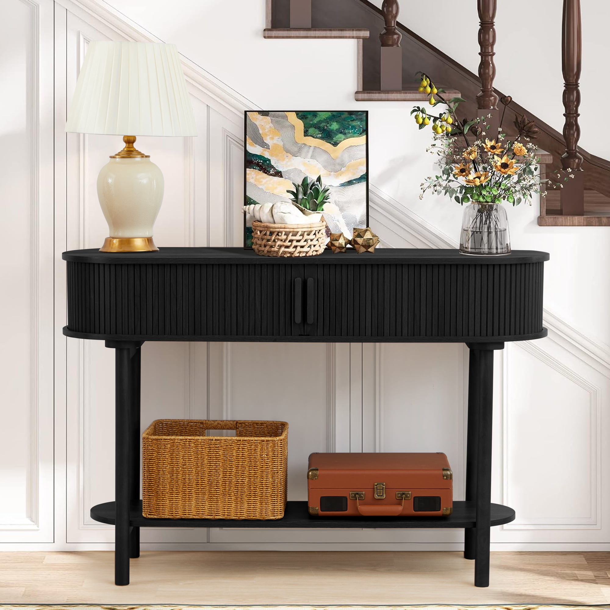 Wirrytor Black Console Table with Storage, Wood 2-Tier Modern Sofa ...