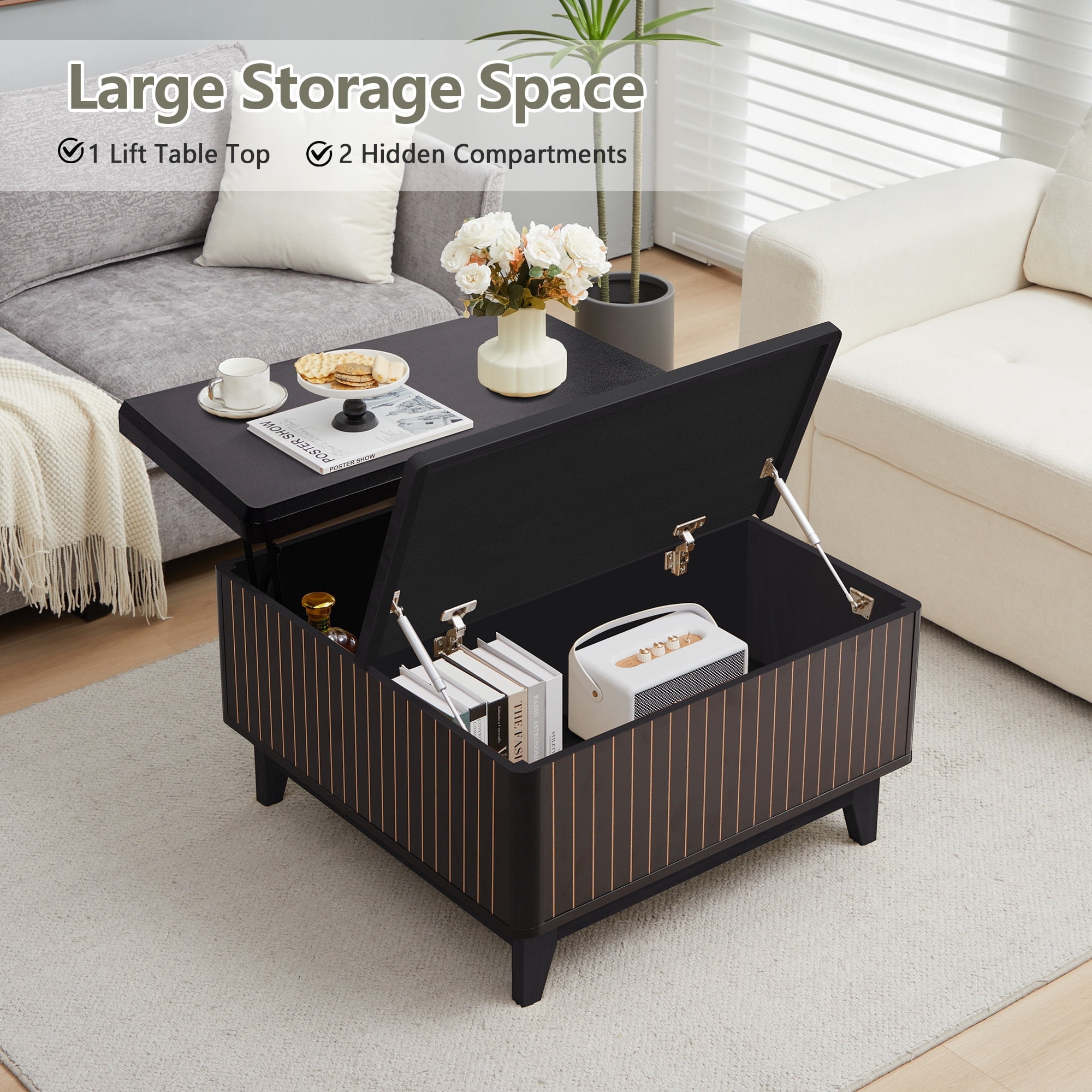 Wirrytor Lift Top Coffee Table, Square Fluted Coffee Table with Hidden ...