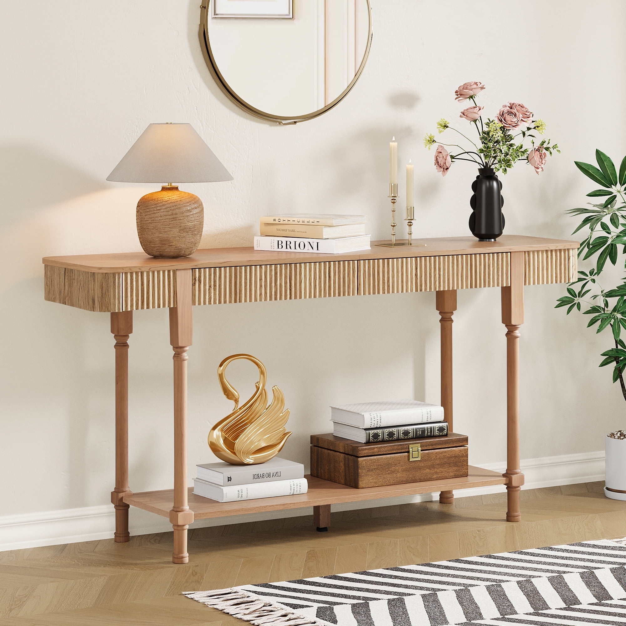 Wirrytor Long Console Table with Drawers for Living Room, Narrow Fluted ...