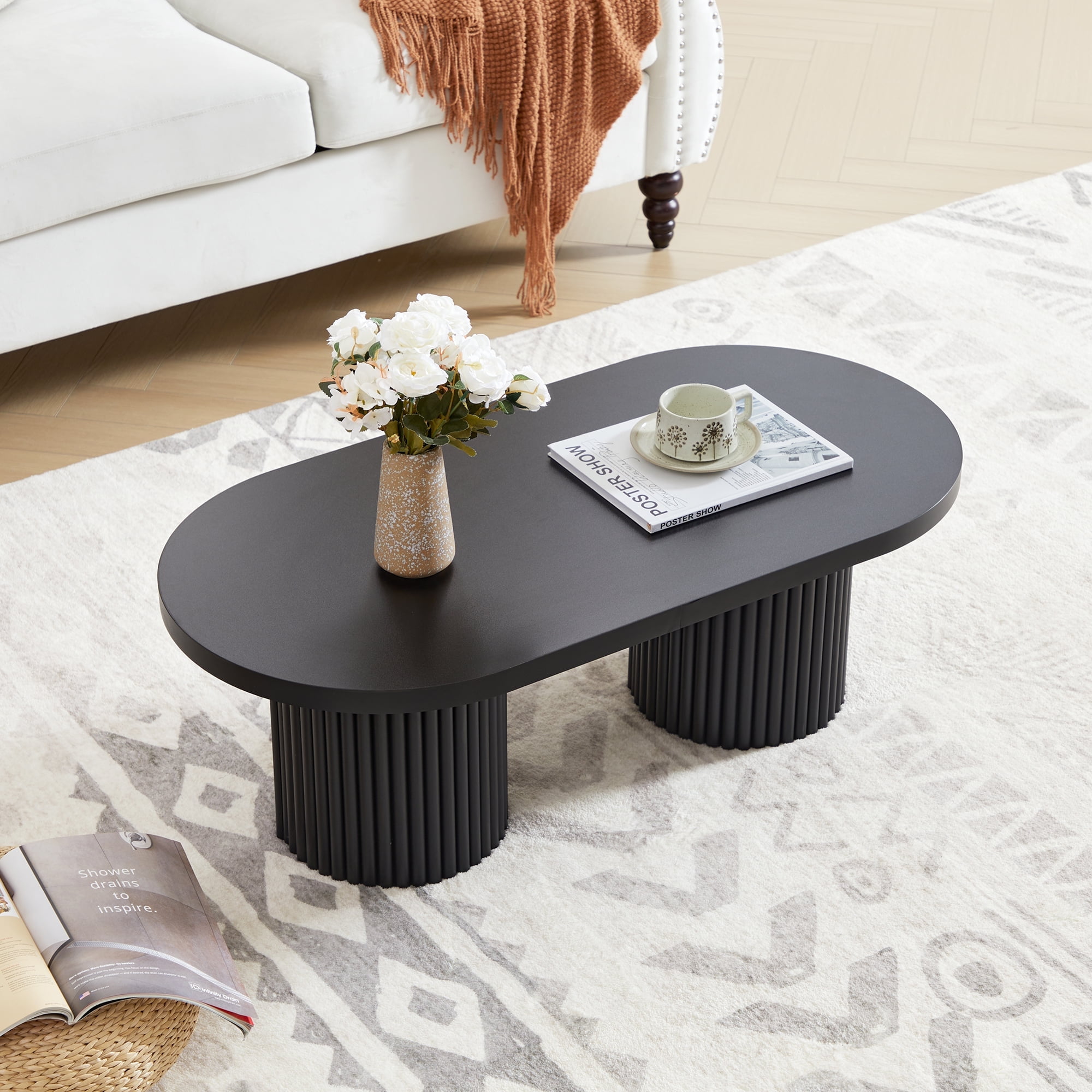 Wirrytor Oval Fluted Coffee Table, Farmhouse Wood Coffee Table Mid ...