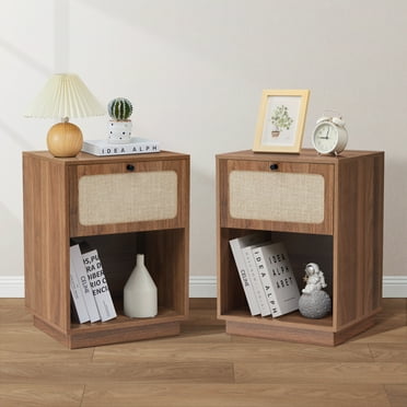 Rattan Nightstands Set of 2 - Farmhouse Night Stand with Drawer and ...