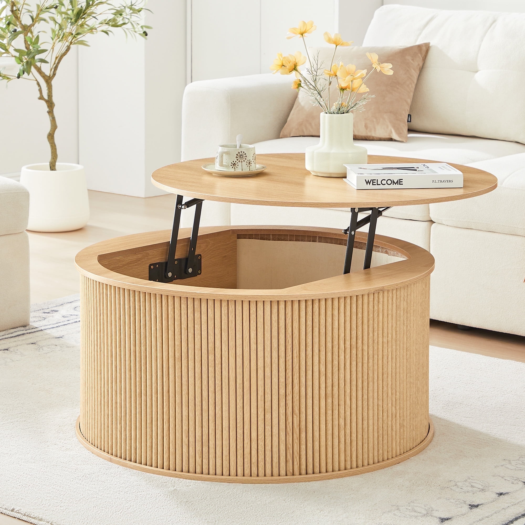 Wirrytor Round Lift Top Coffee Table with Storage and Flip Top, Fluted ...