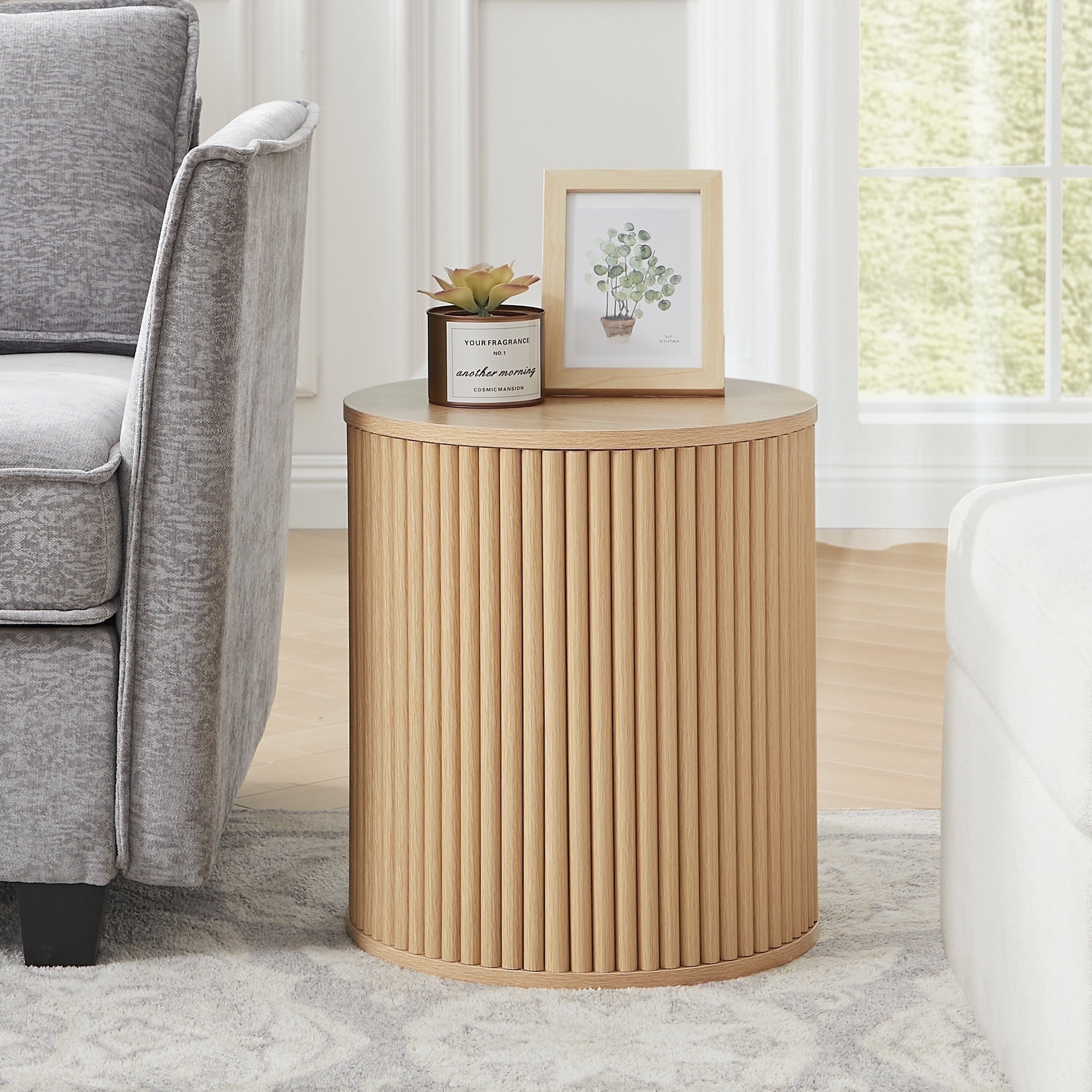 WIRRYTOR Round Fluted Side Table, Small Oak Accent Table, Nightstand ...