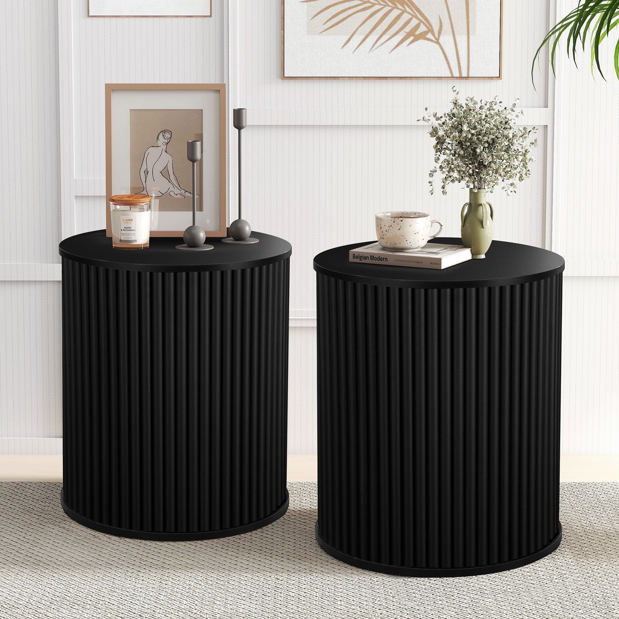 Wirrytor Round Side Table for living room set of 2, Fluted End Table ...