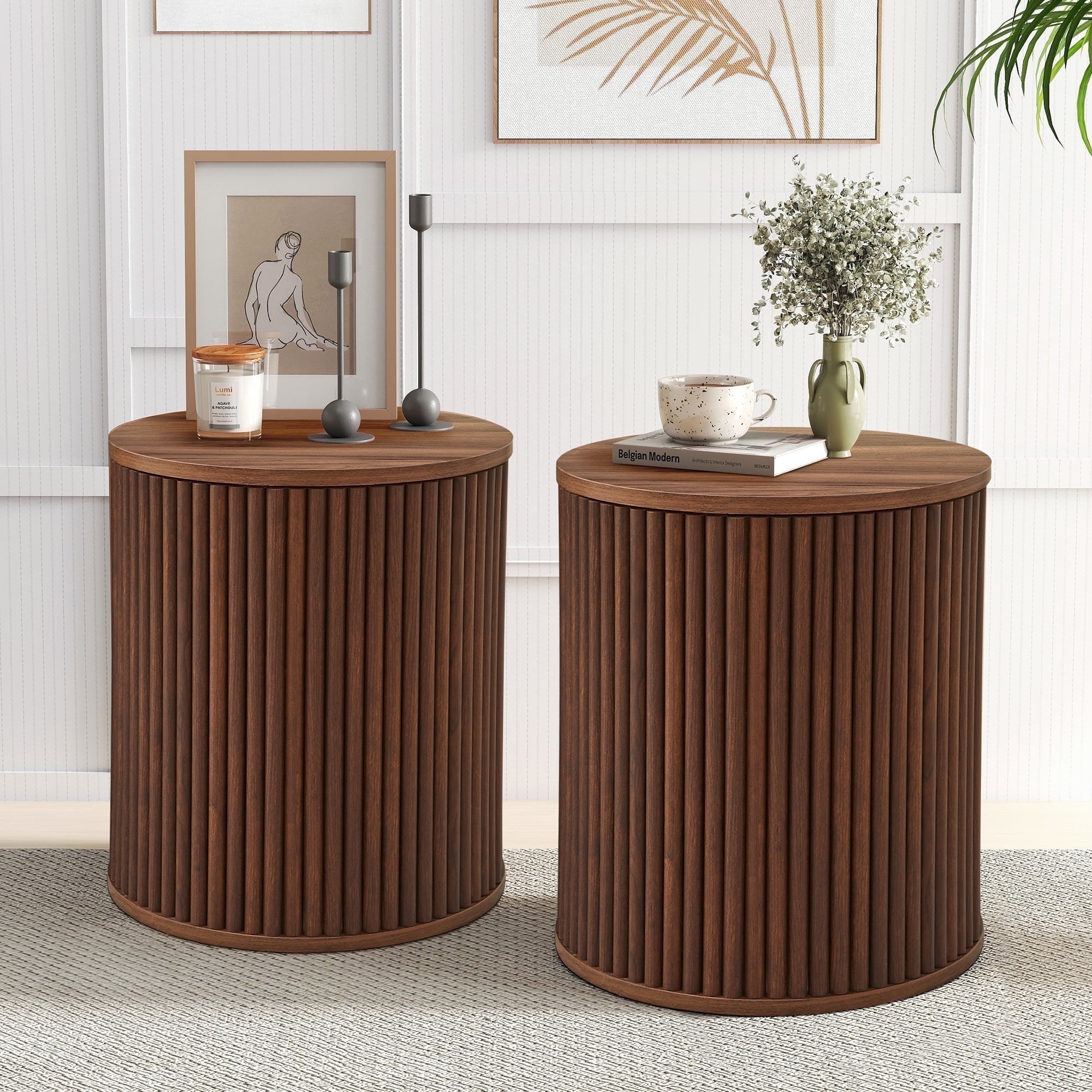 Wirrytor Round Side Table for living room set of 2, Fluted End Table ...