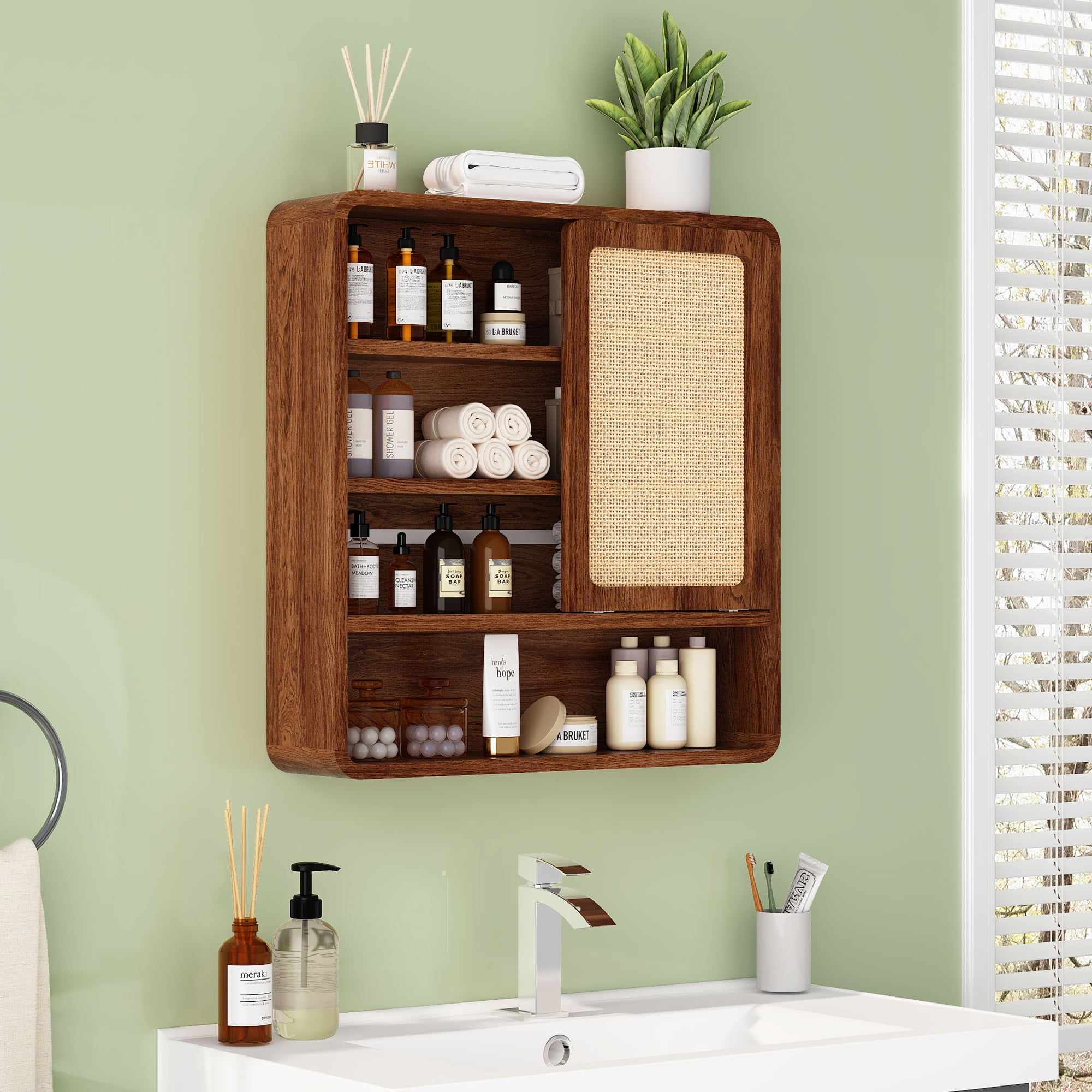 Wirrytor Walnut Wall Cabinet with Rattan Door and Open Shelves, Wall ...