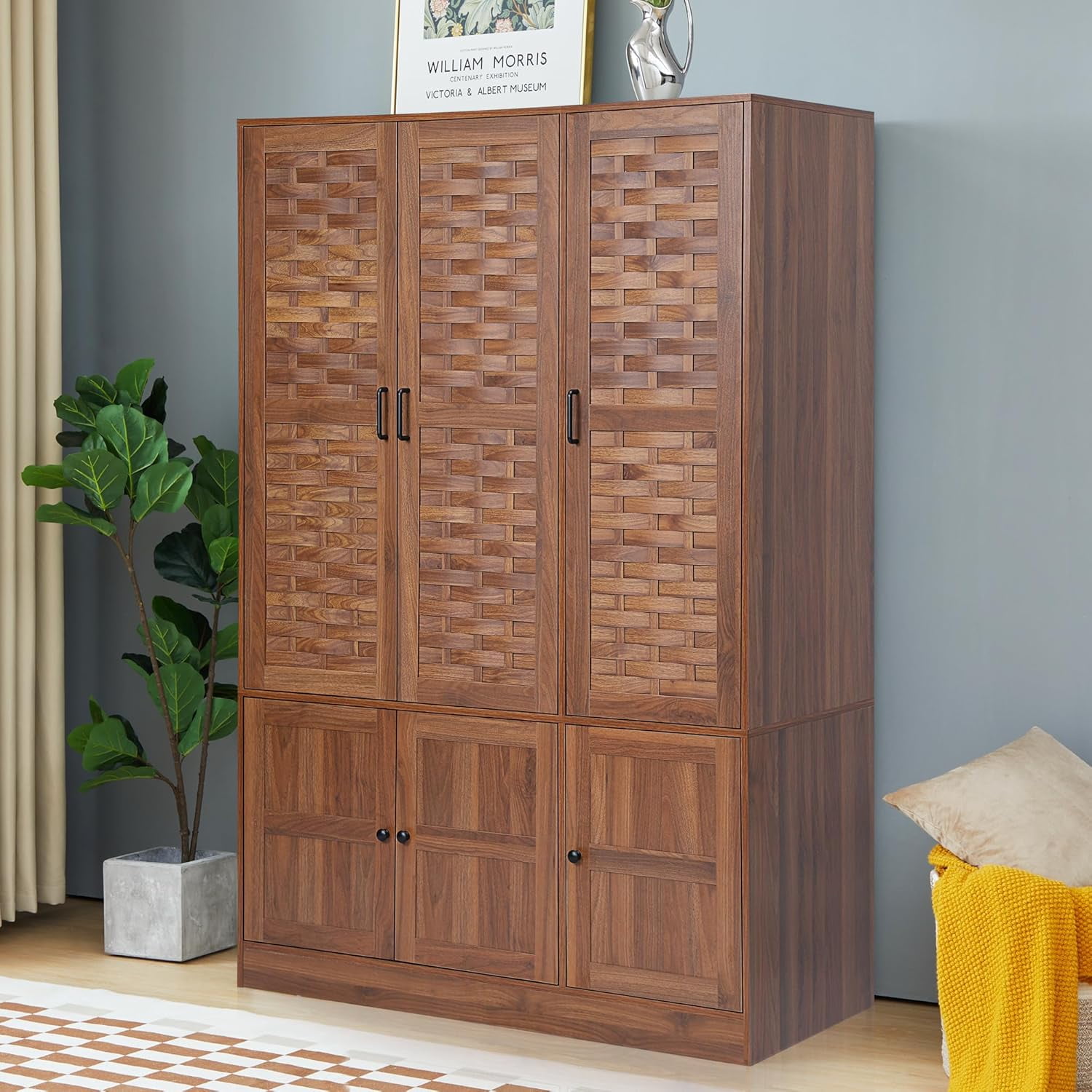 Wirrytor Wardrobe Closet with 6 Woven Doors, Walnut Armoire Wardrobe ...