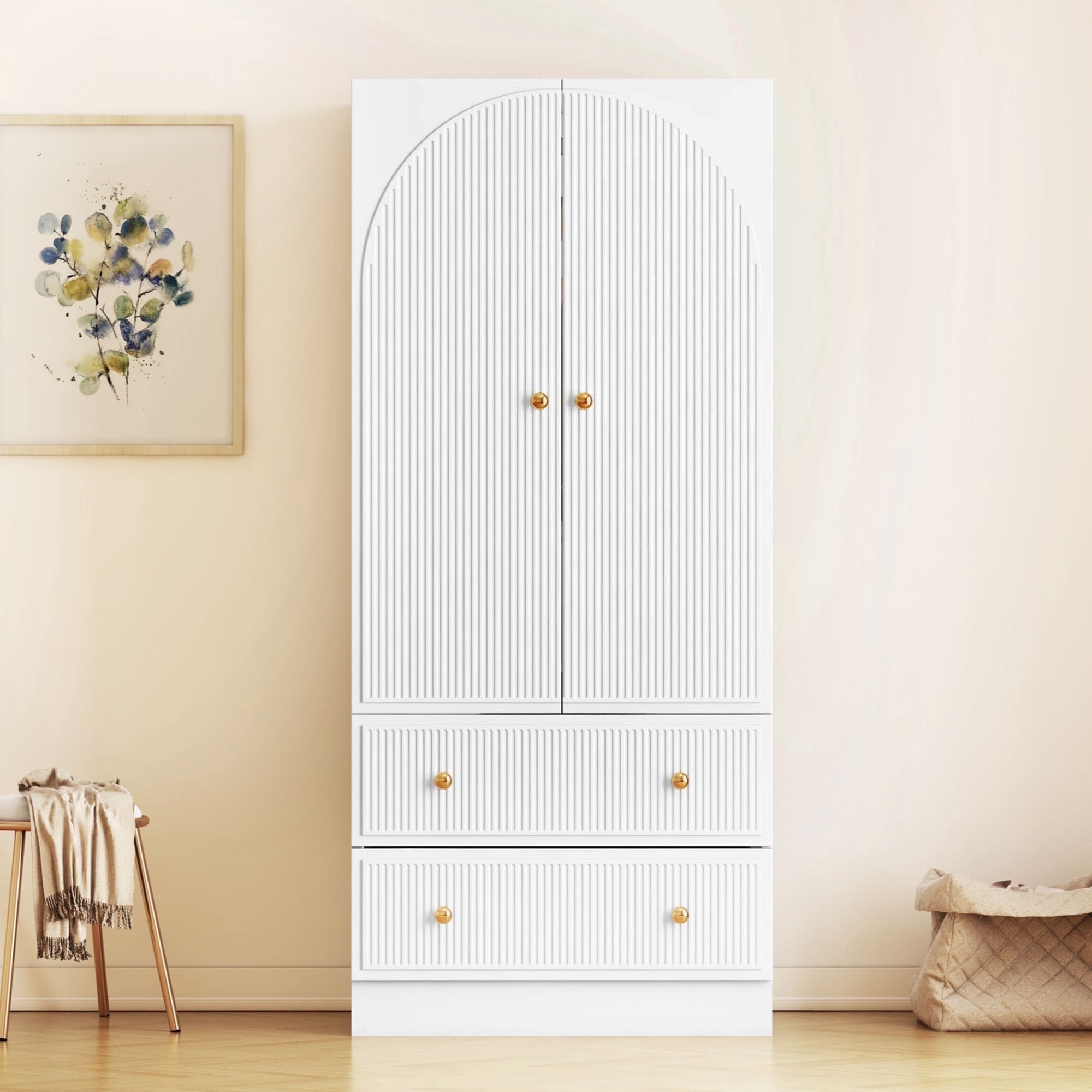 WIRRYTOR White Freestanding Armoire Wardrobe, 2 Doors, 2 Drawers ...