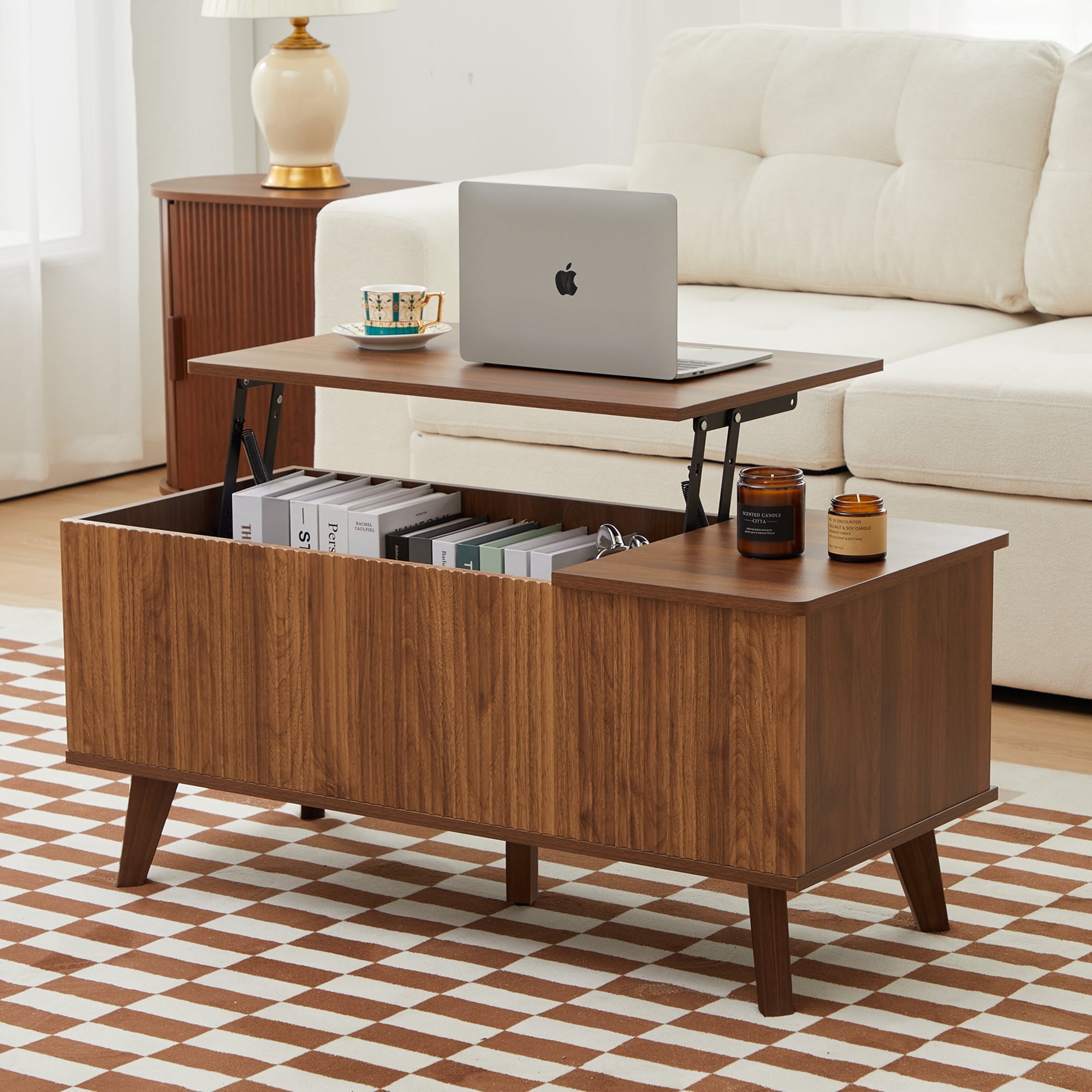 Wirrytor Wooden Lift Top Coffee Table, Square Fluted Coffee Table with ...