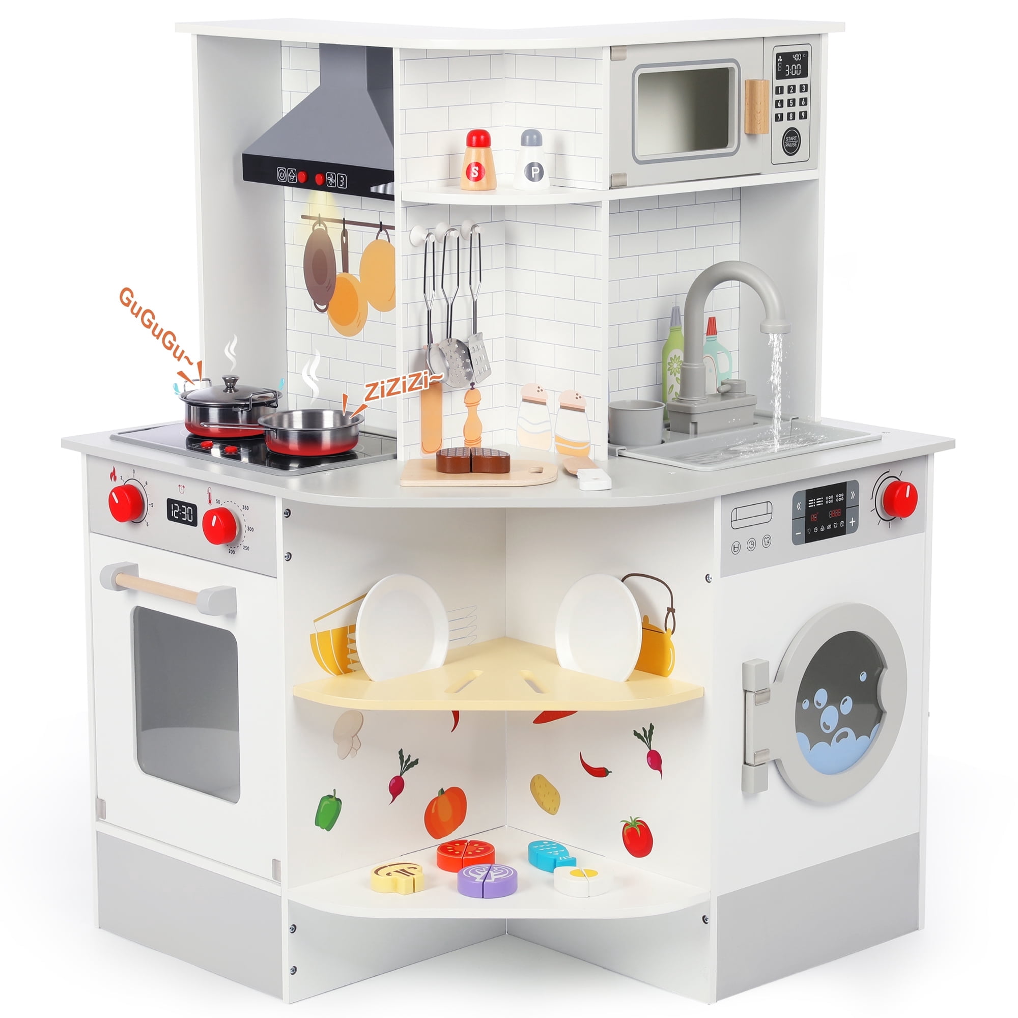 Wisairt Corner Play Kitchen Set, Wooden Kitchen for Kids w/ Chef's ...
