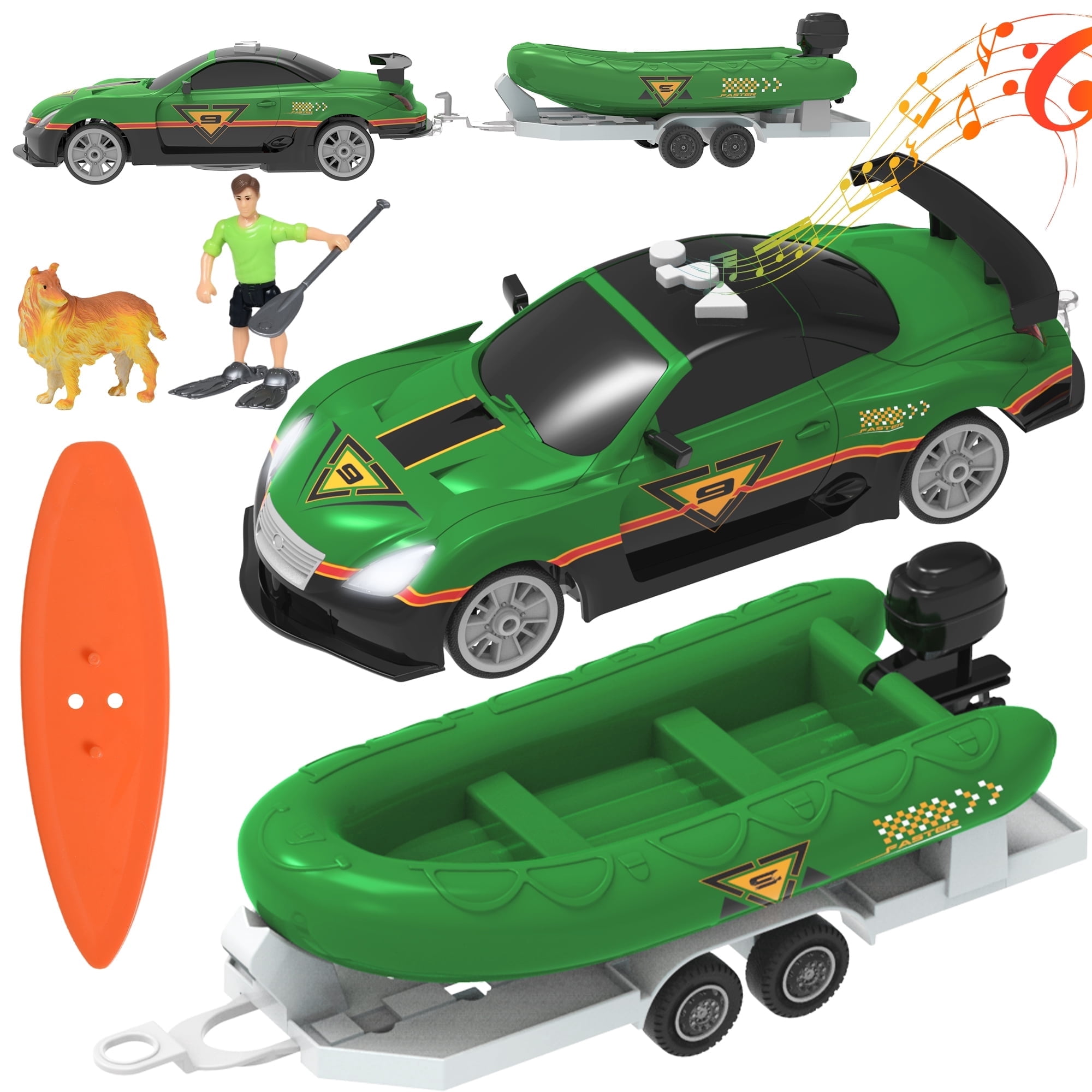 Wisairt Toddler Play Truck Set, Car with Boat Trailer, Light & Sound, 3 ...