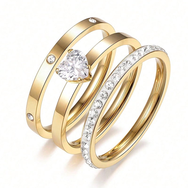 Wisbal 18K Gold Plated 3 Rings Set Titanium Steel 5A Cubic Zirconia ...