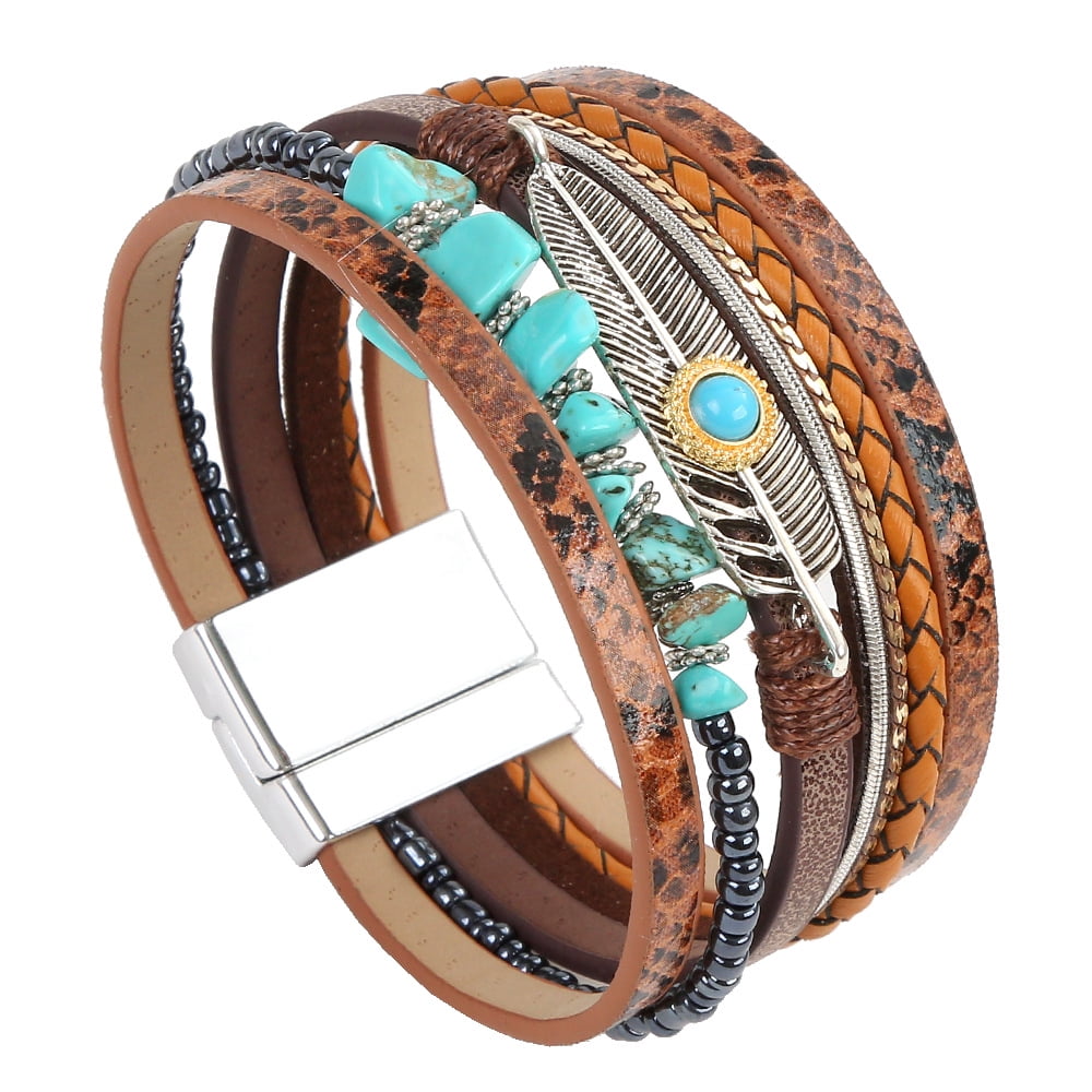 Wisbal Boho Leather Wrap Bracelets for Women Turquoise Cuff Bracelets ...