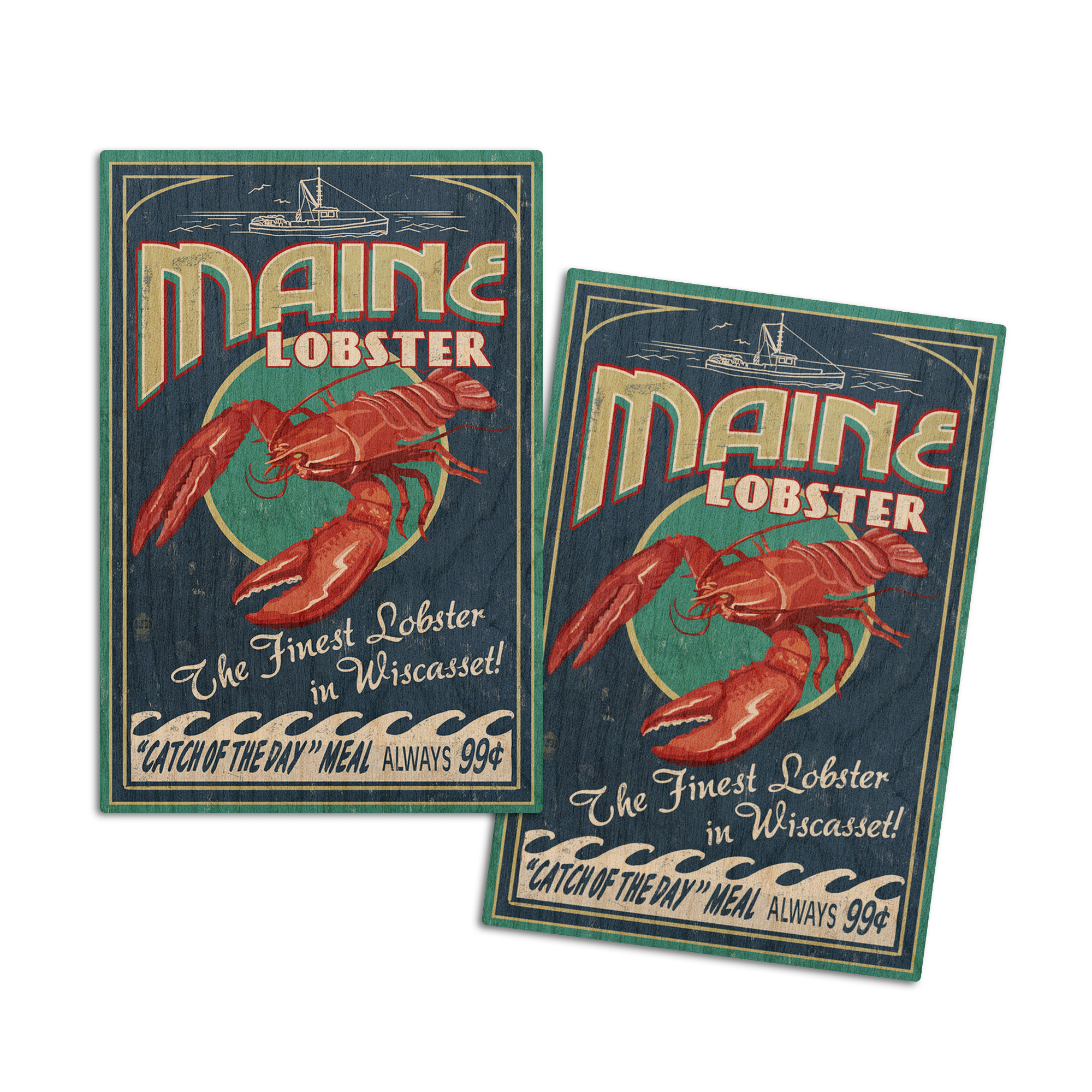 Wiscasset, Maine, Lobster Vintage Sign (4x6 Birch Wood Postcards, 2 ...