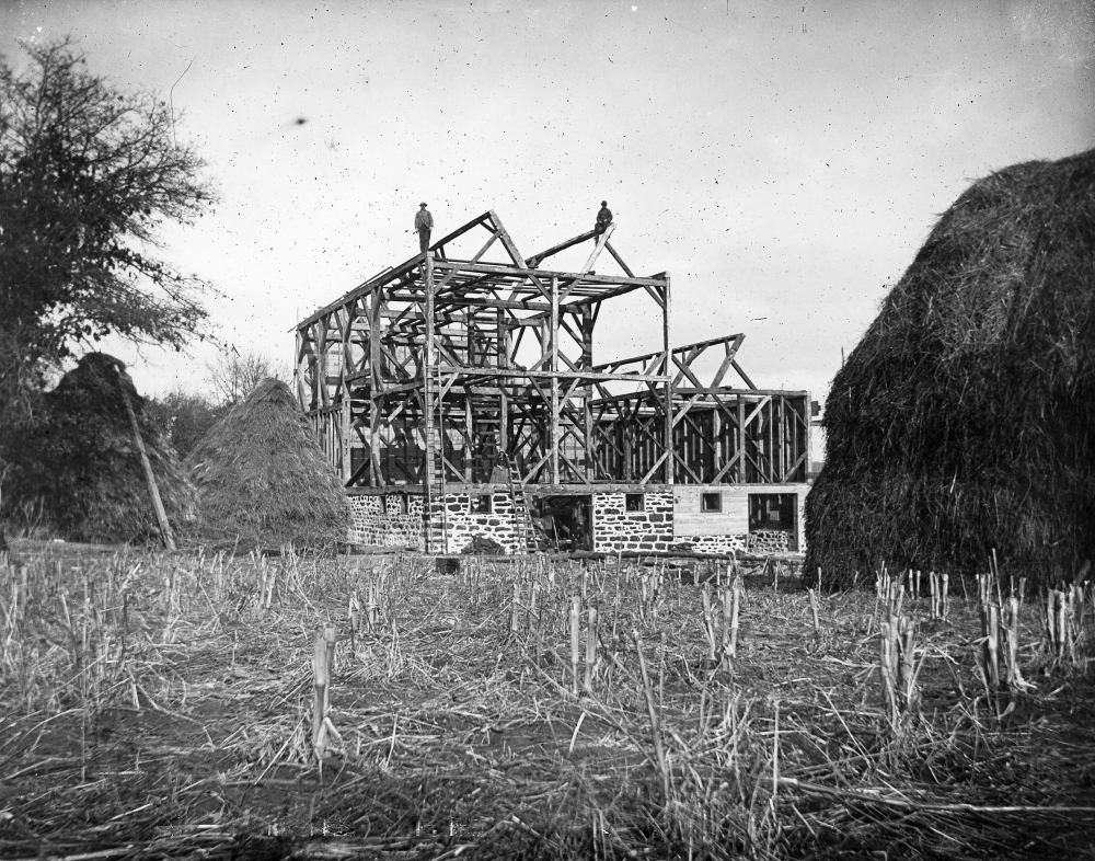 Wisconsin Barn C1900. Nmen On The Rafters Of An Unfinished Barn In ...