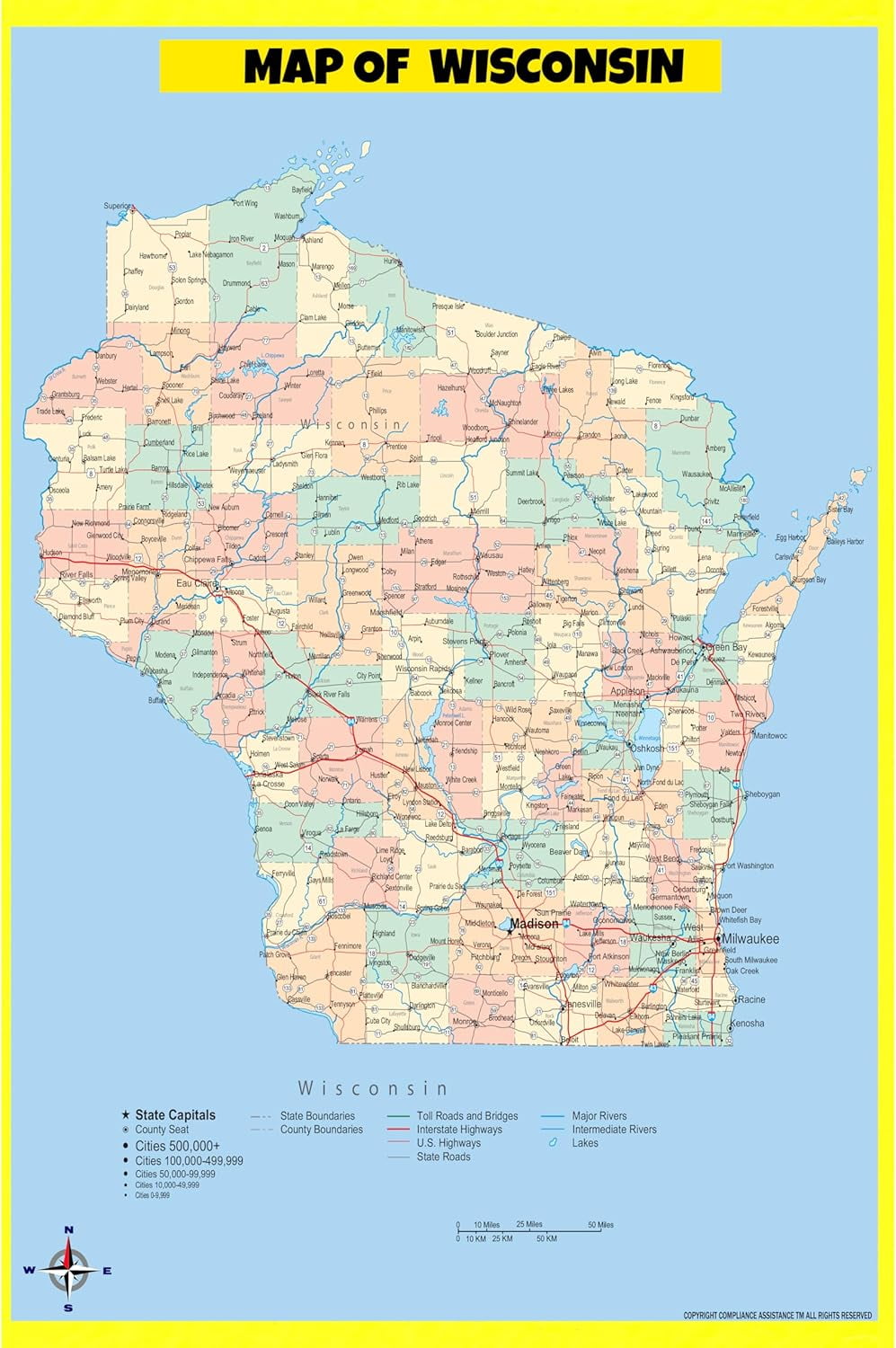 Wisconsin Map Poster - Laminated Wall Map - Style A - 24x36 - Ideal for ...