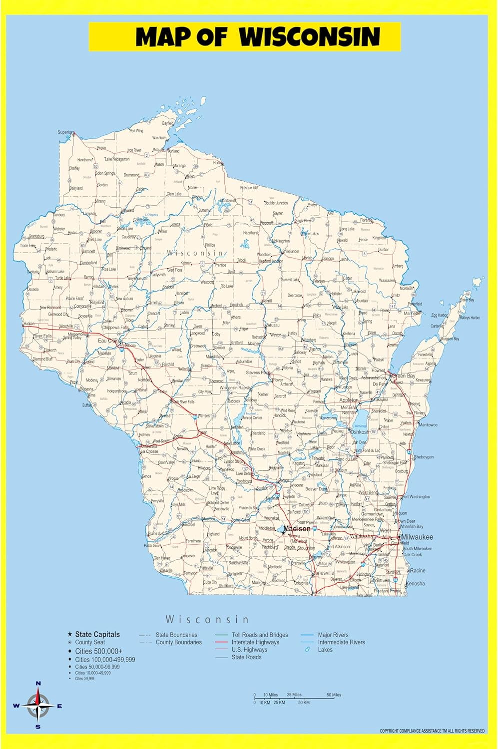 Wisconsin Map Poster - Laminated Wall Map - Style B - 20x30 - Ideal for ...
