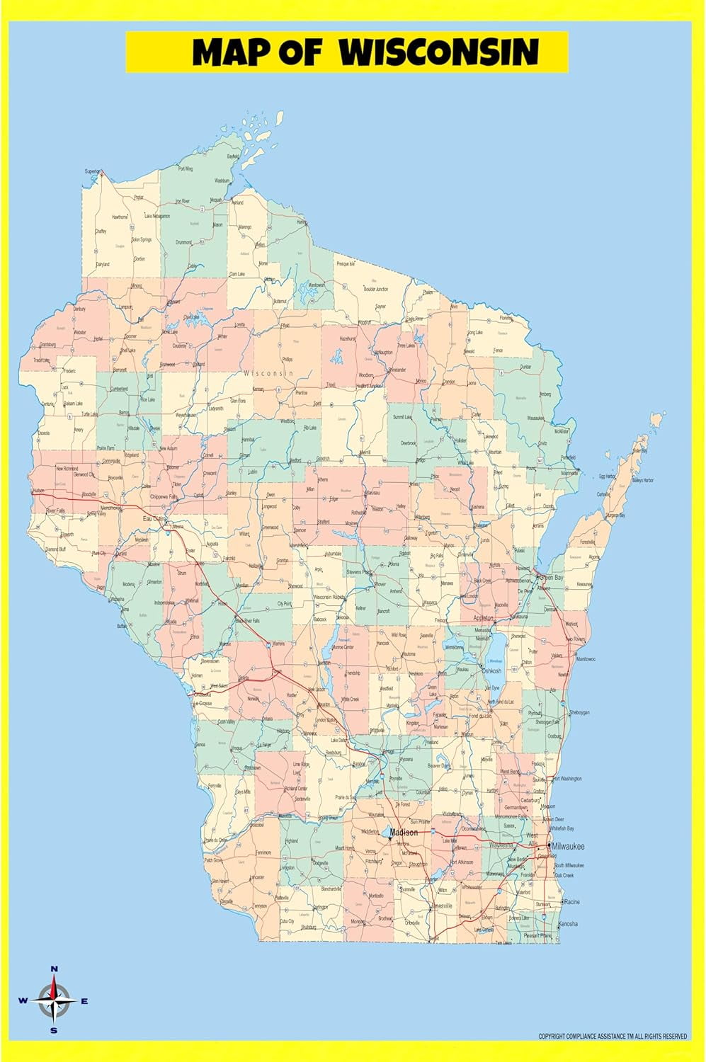 Wisconsin Map Poster - Laminated Wall Map - Style C - 24x36 - Ideal for Classrooms and Homes ...