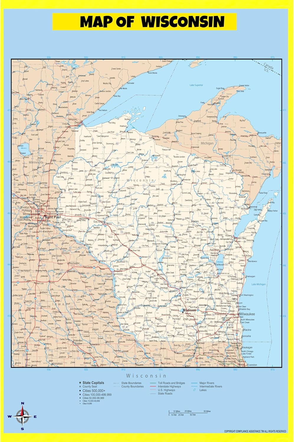 Wisconsin Map Poster - Laminated Wall Map - Style D - 24x36 - Ideal for ...