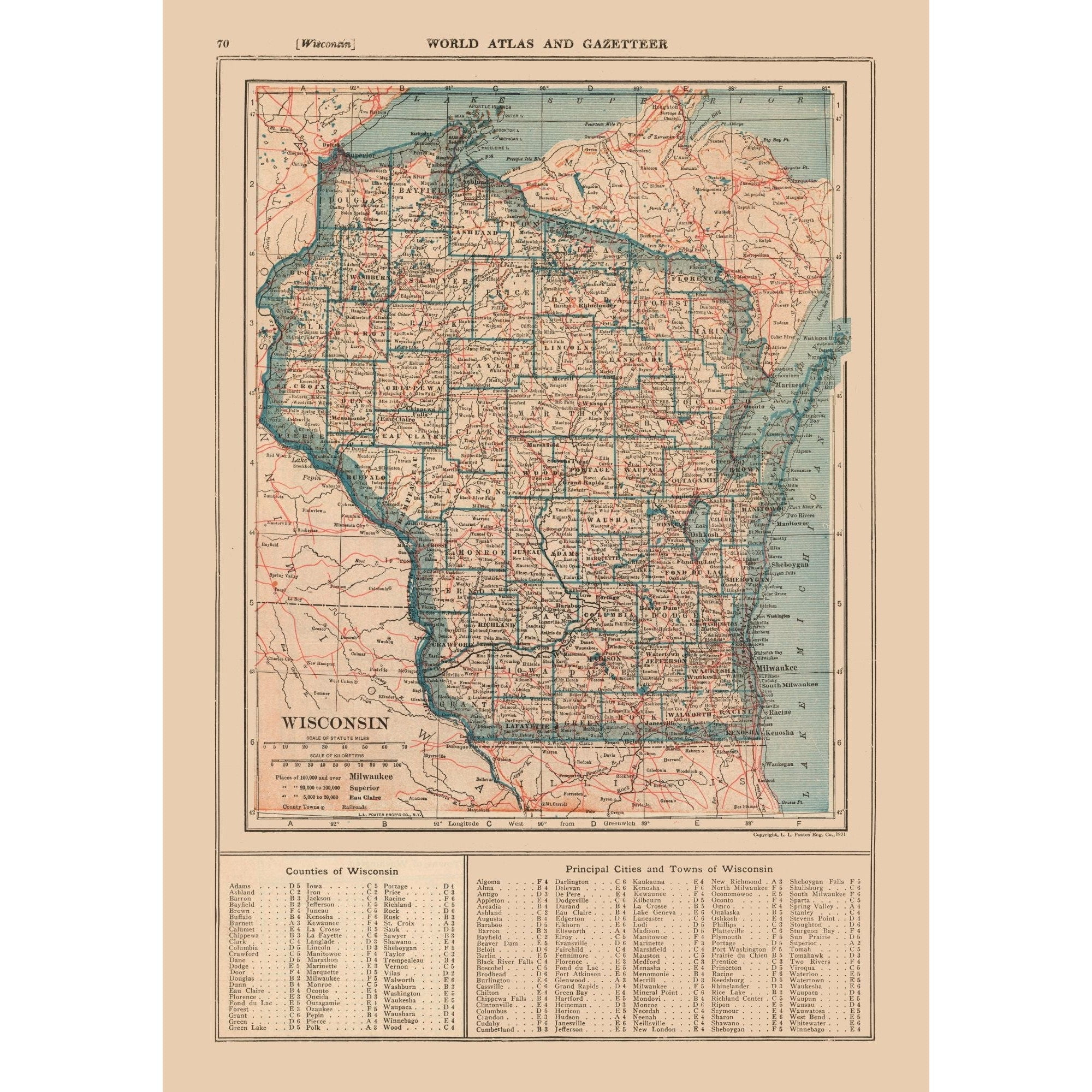 Historic State Map - Wisconsin - Poates 1921 - Vintage Wall Art ...