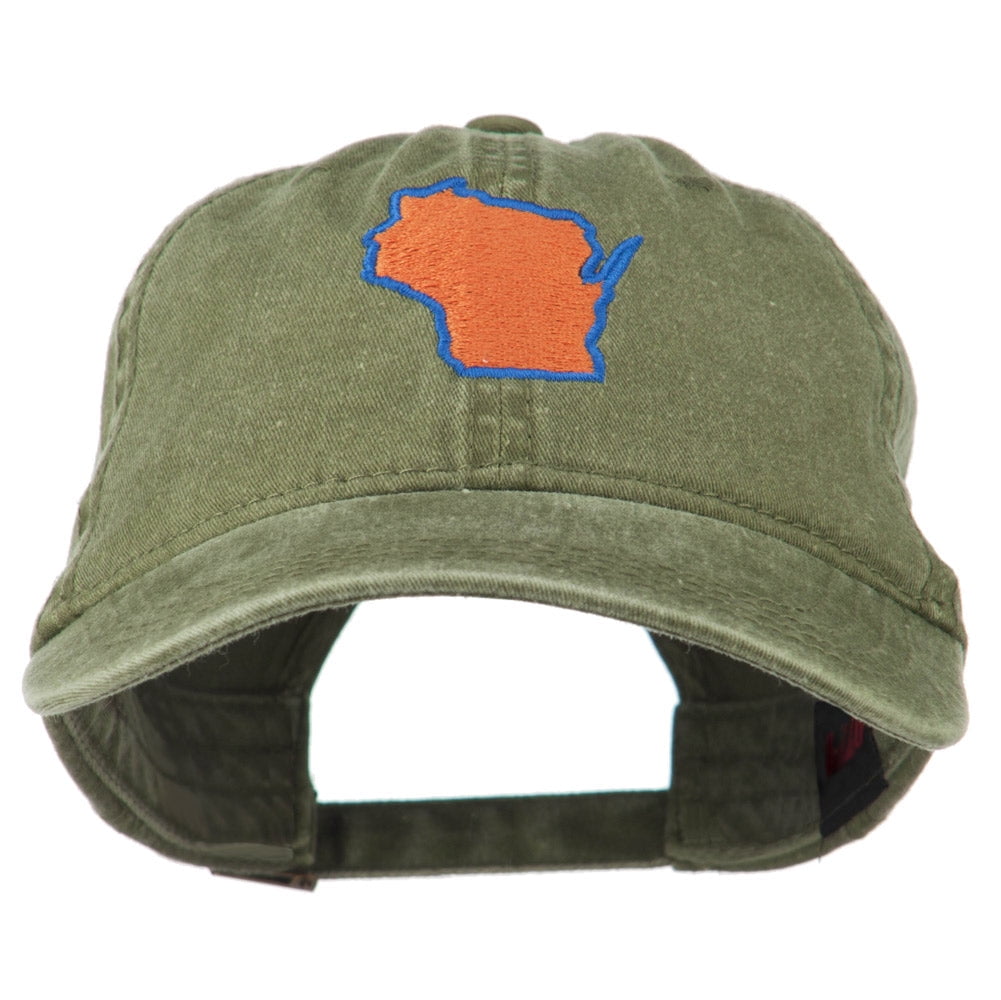 Wisconsin State Map Embroidered Washed Cotton Cap - Olive Green OSFM ...