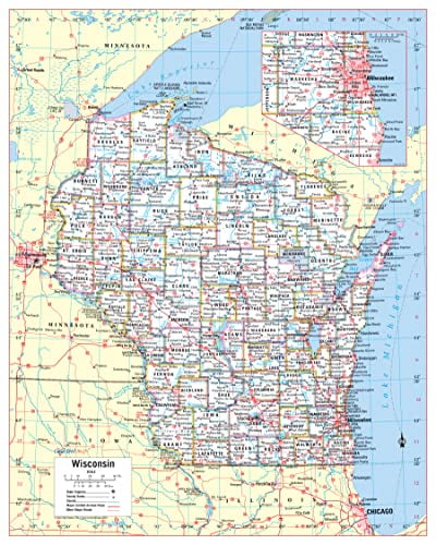 Wisconsin State Map Large Print 24" Wx30 H - Rolled Laminated - Walmart.com