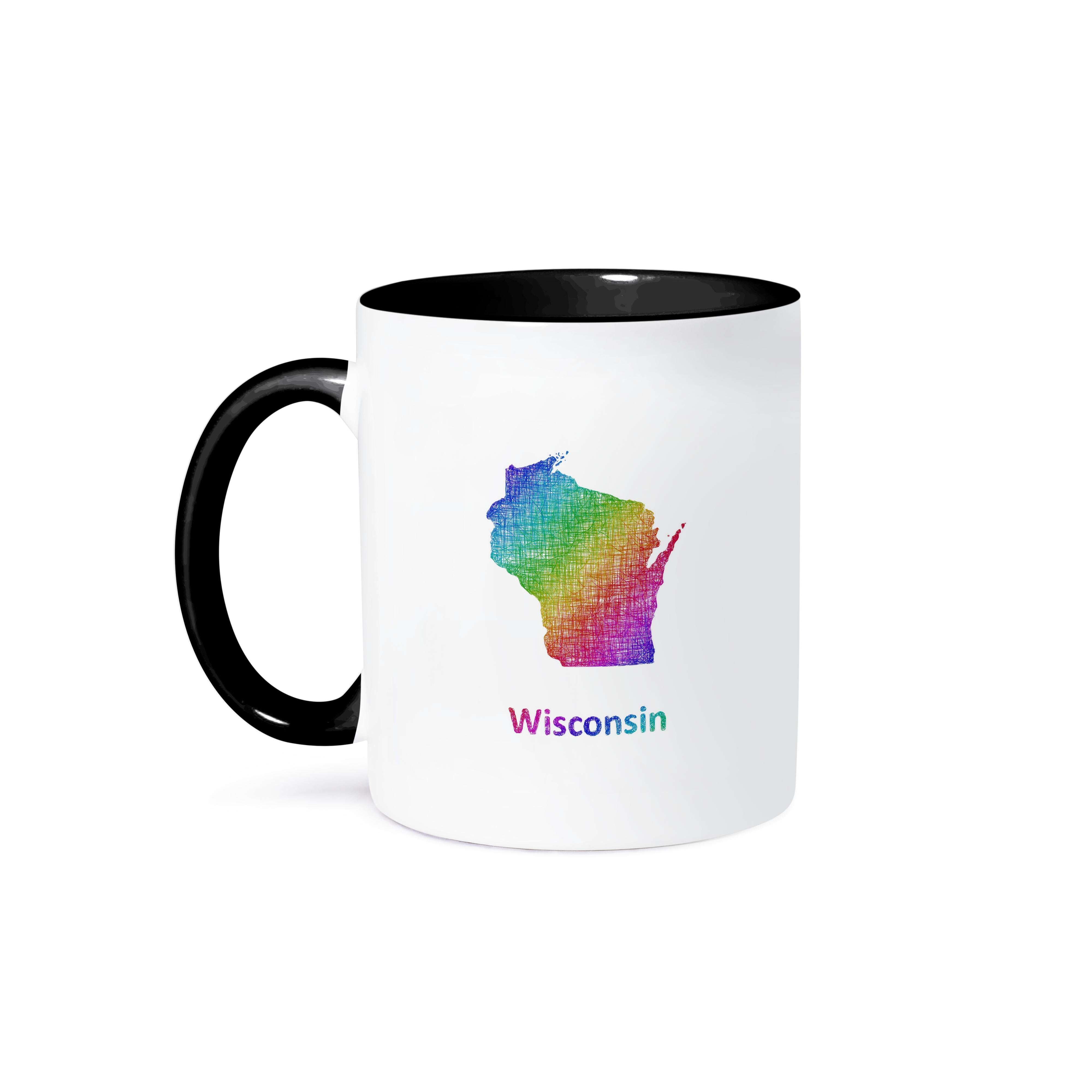Wisconsin State Map - Rainbow Sketch Design, 15oz Two-Tone Black Mug ...