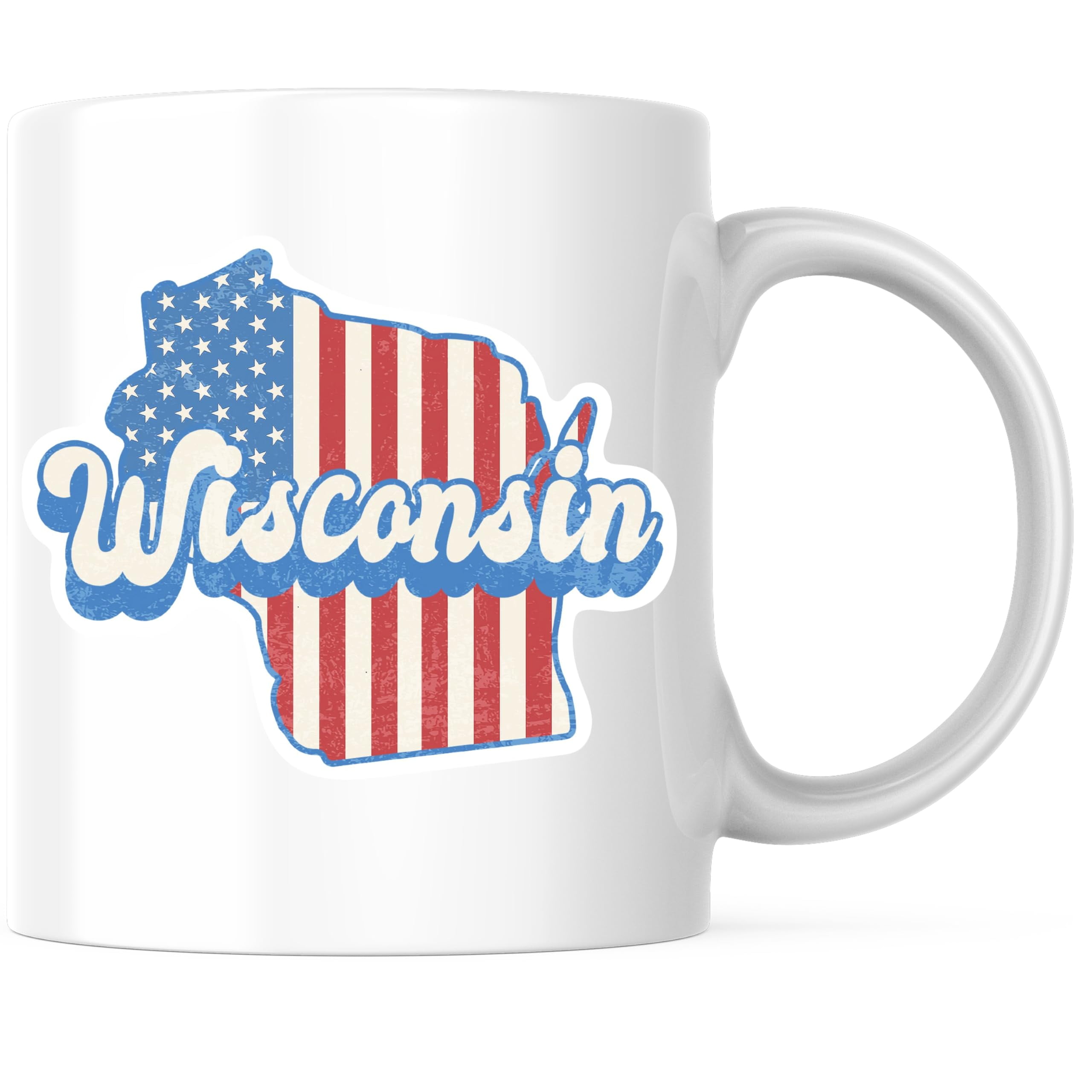 Wisconsin State Outline Coffee Mug - WI State Shape with USA Flag - 11 Ounce Coffee Mug - White ...