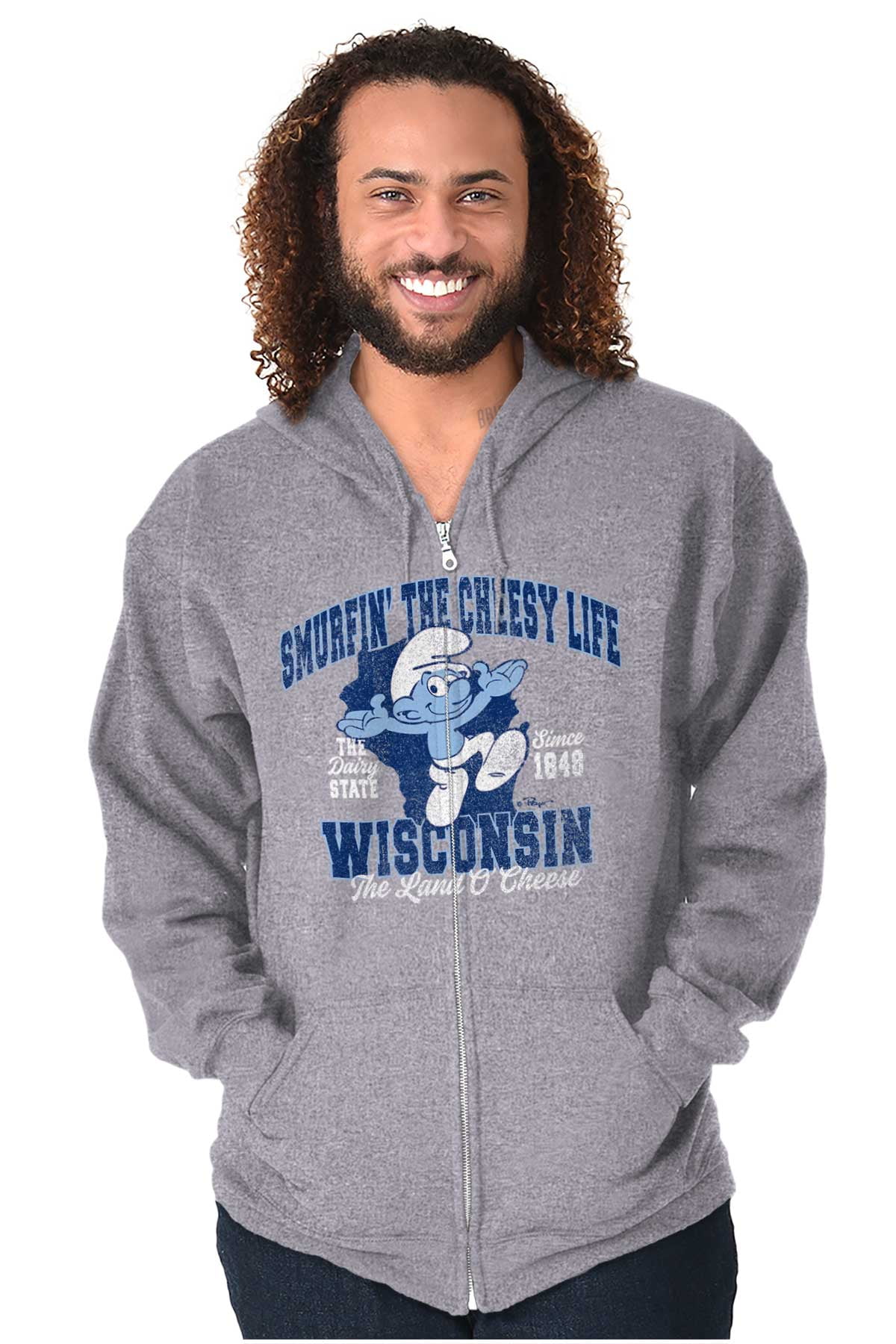 Wisconsin WI Cheese Head Cool Smurfs Zip Up Hoodie Men's Women's Brisco ...