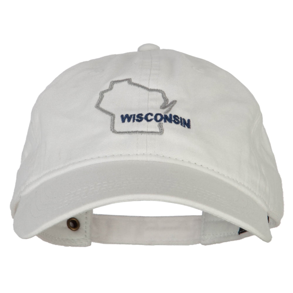 Wisconsin with Map Outline Embroidered Washed Cotton Twill Cap - White ...