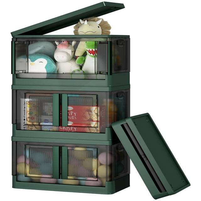 Wisdom Star 3 Pack Green Plastic Collapsible Storage Bins with Lids, Stackable Organizing ...