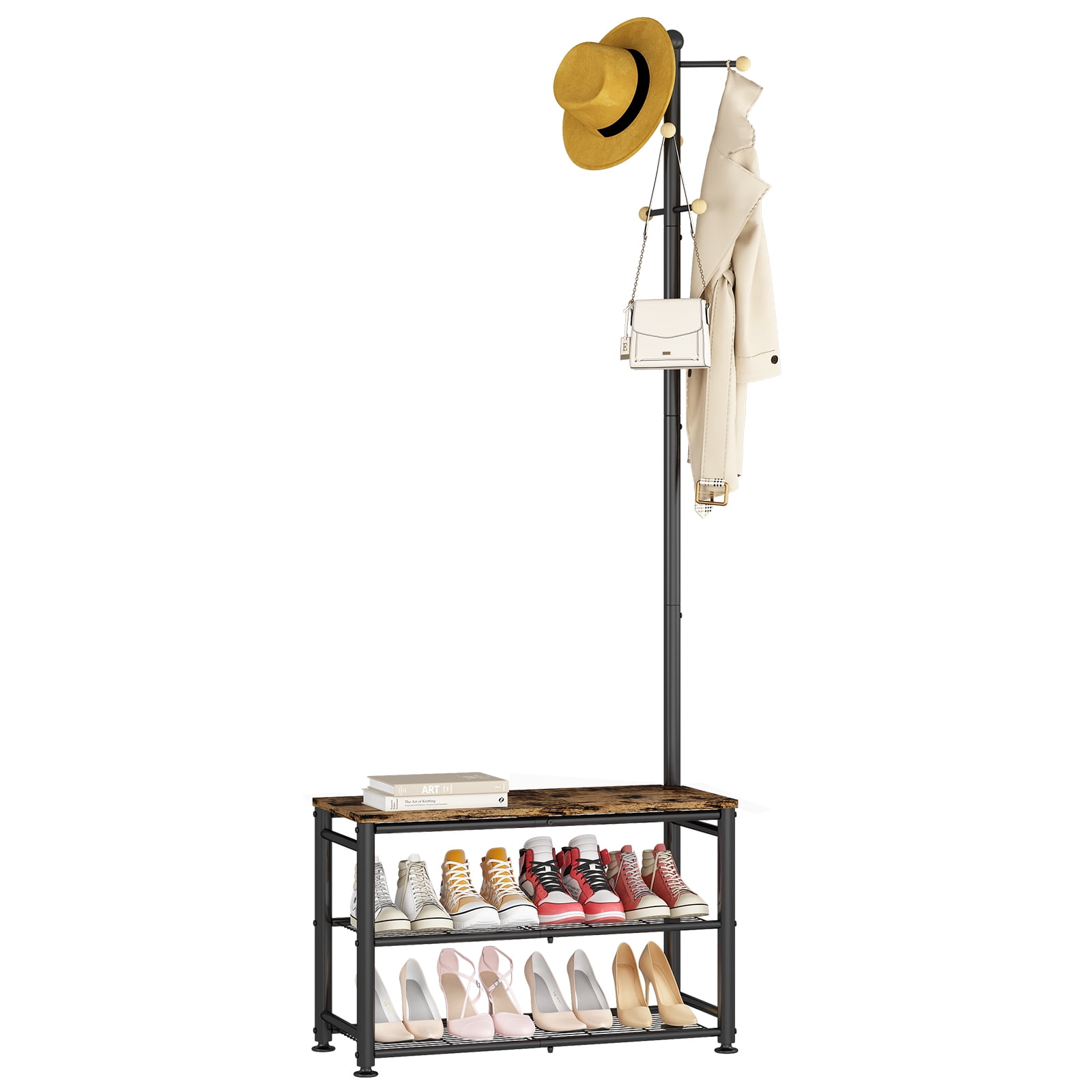 Wisdom Star Shoe Stool Storage Bench with Hanger, Entryway, 28.4"L x 11.8"W x 74.5"H, Black ...