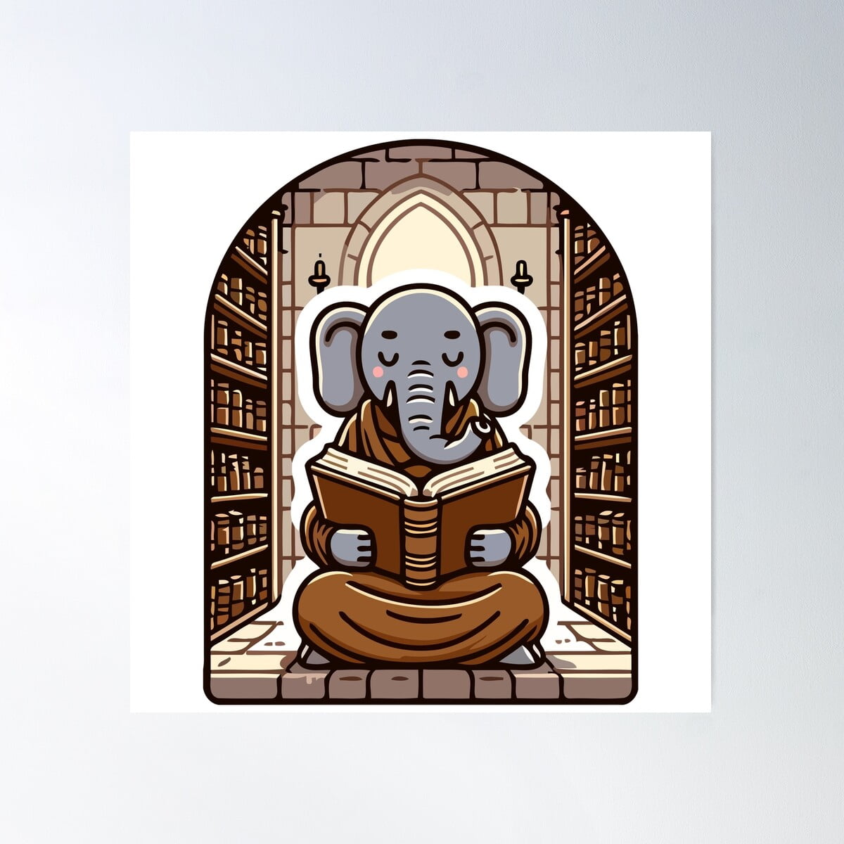 Wise Elephant Reading In Library Cartoon Poster Wall Art, Modern Wall ...