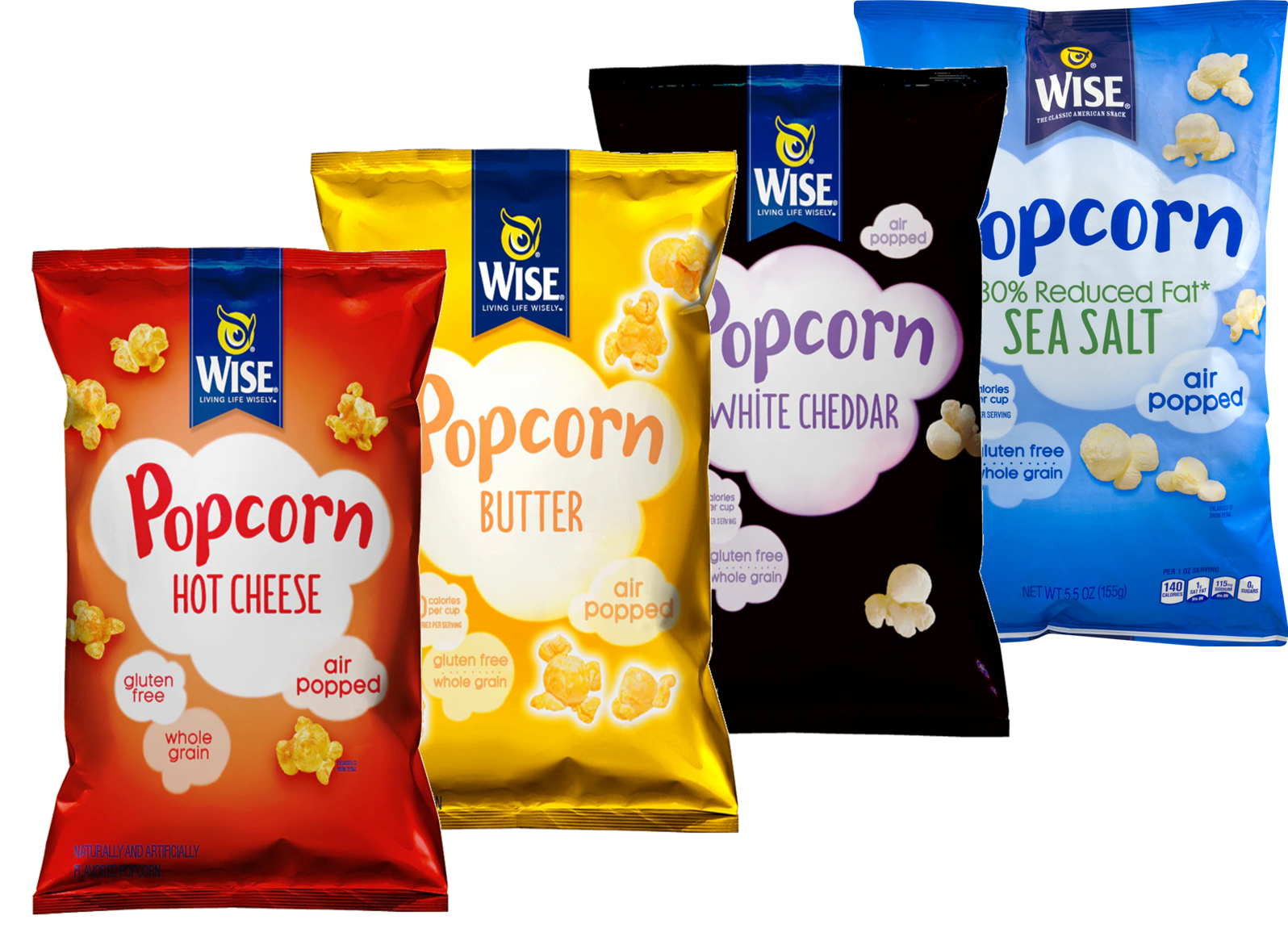 Wise Foods Butter, White Cheddar, Hot Cheese & Reduced Fat Popcorn ...