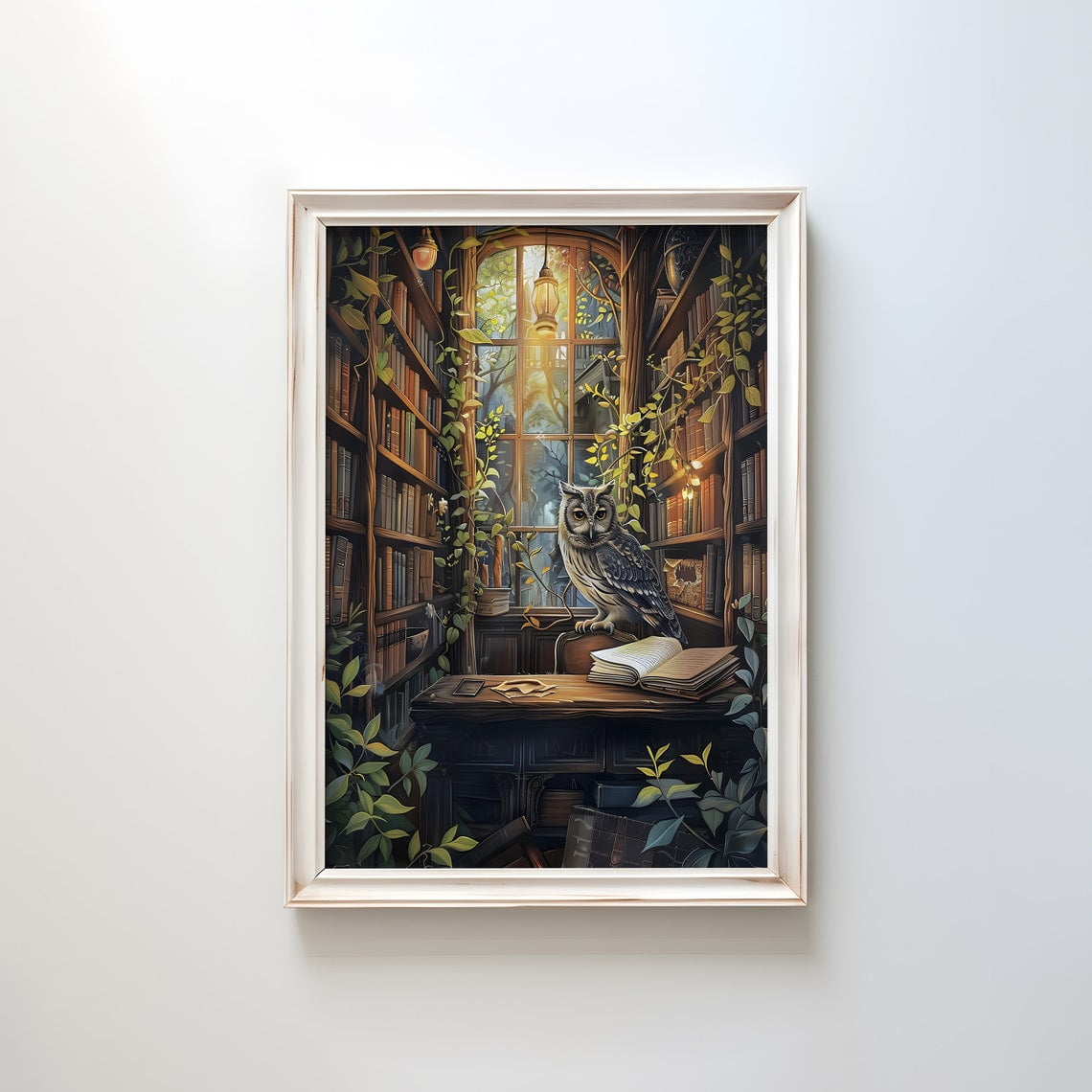 Wise Owl In Cottage Library Art Print, Dark Academia Owl Wall Decor ...