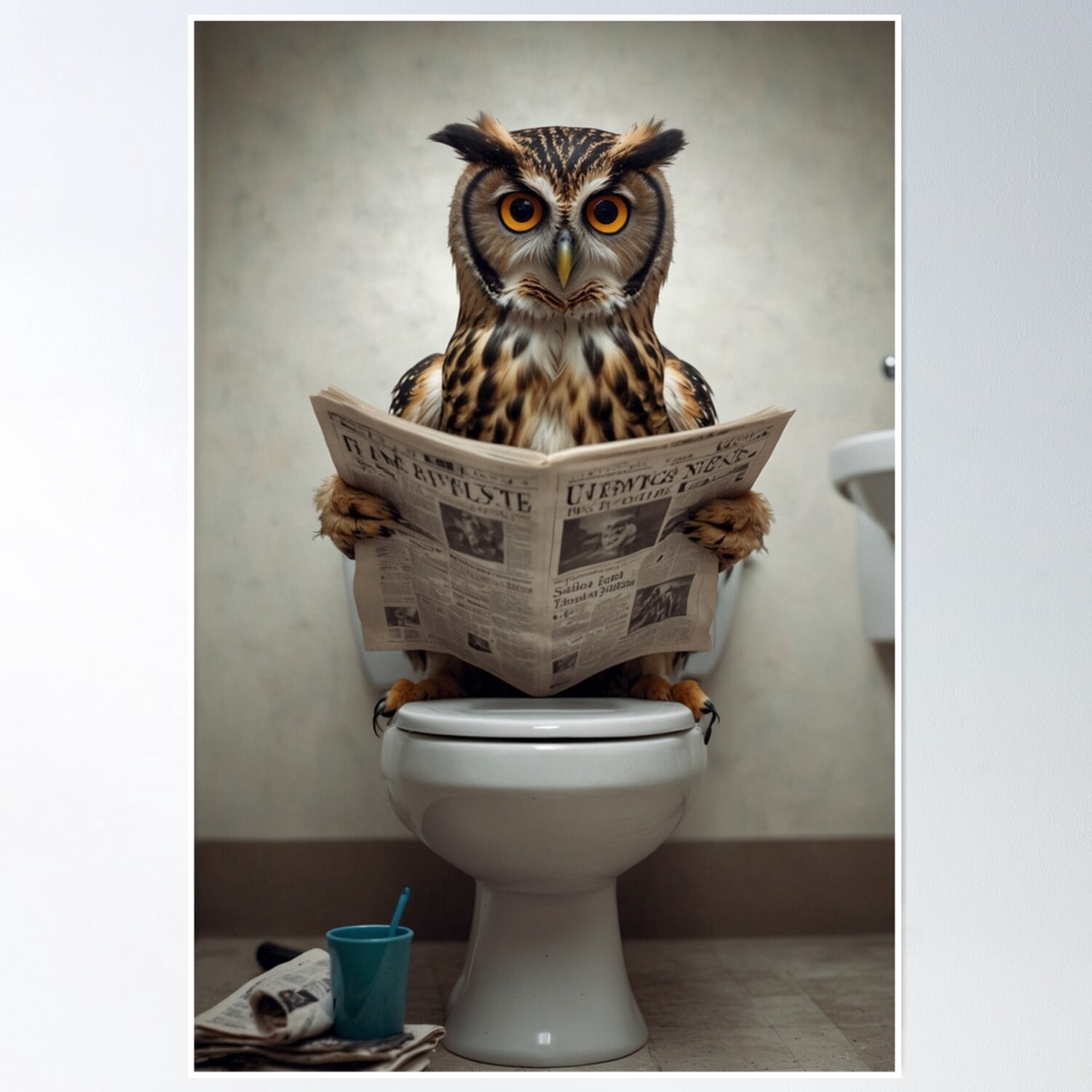 Wise Owl Reading Newspaper On Toilet Poster Wall Art, Modern Wall Decor ...