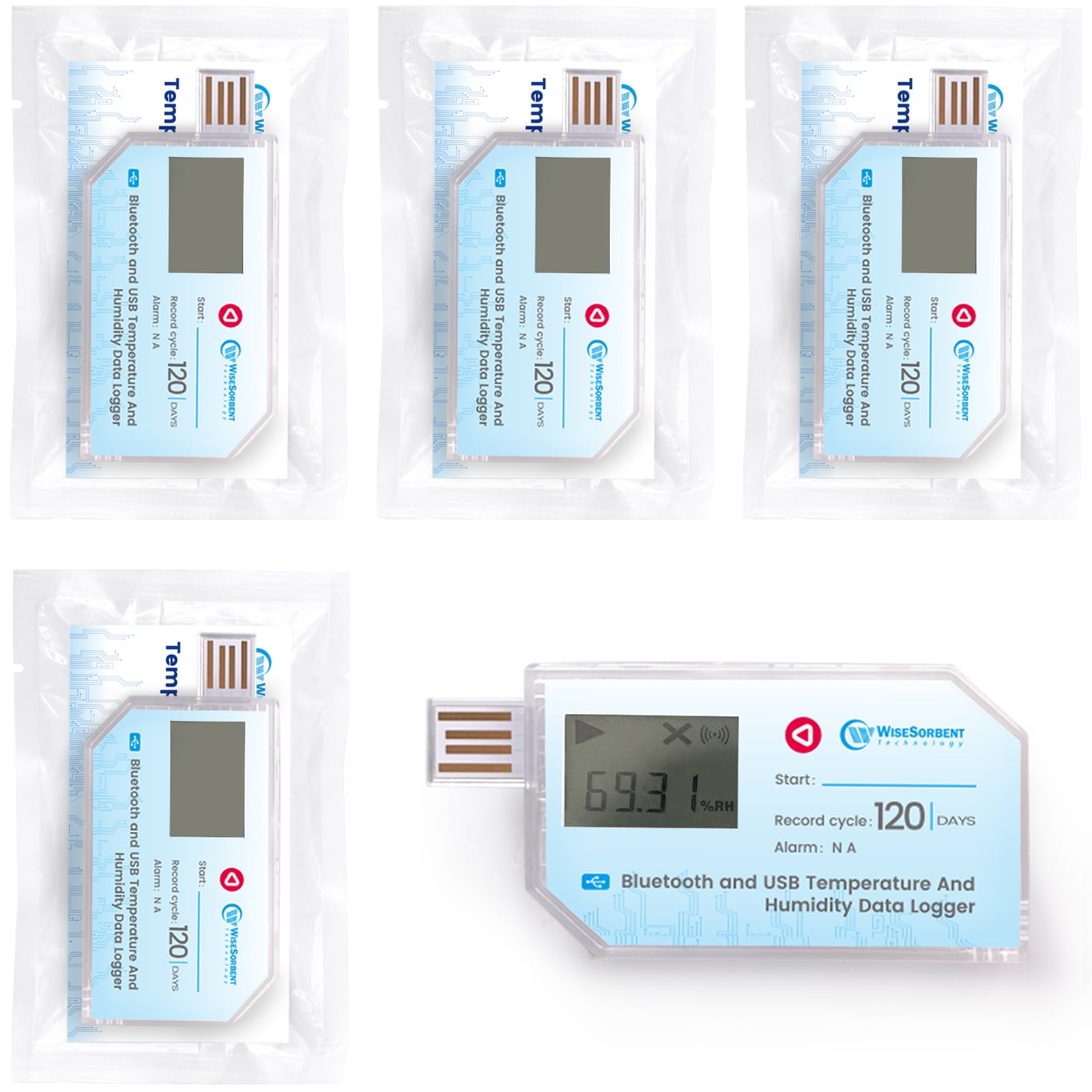 Wisesorb 5 Packs USB Data Logger with LCD, Bluetooth & App Temperature Humidity Recorder with ...