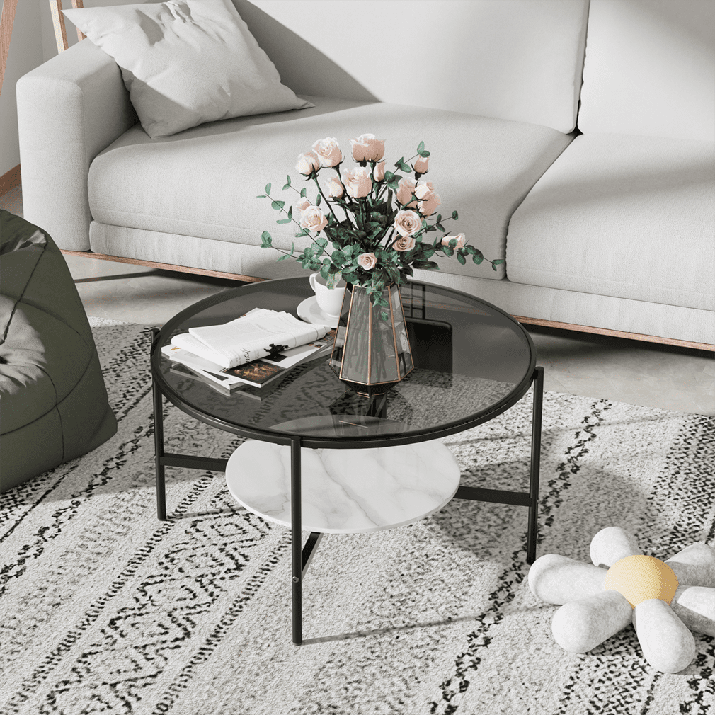 Wisfor 2-Tier Round Coffee Table Side Table Tempered Glass Top Marble ...