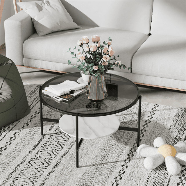 Wisfor 2-Tier Round Coffee Table Side Table Tempered Glass Top Marble ...