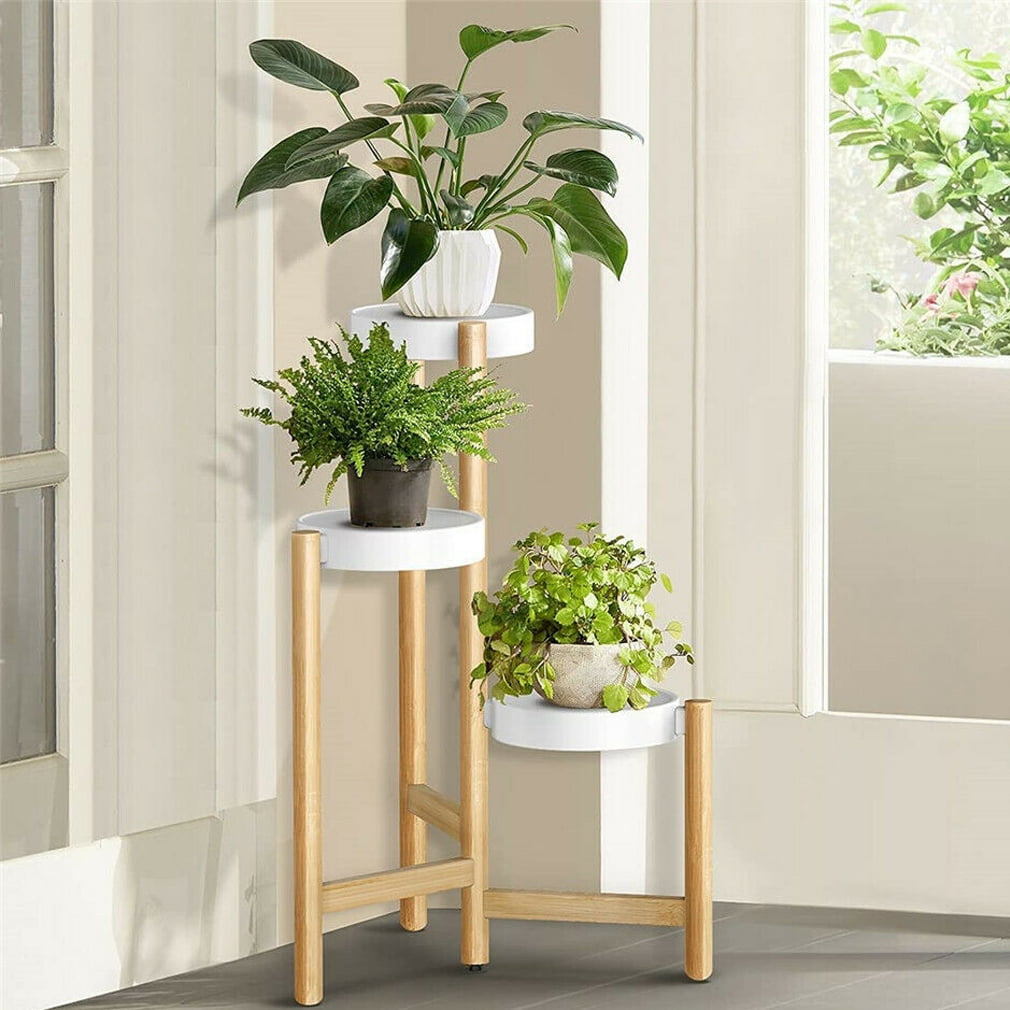 Wisfor Bamboo Plant Stand: 3 Tier with Plastic Tray for Indoor/Outdoor ...