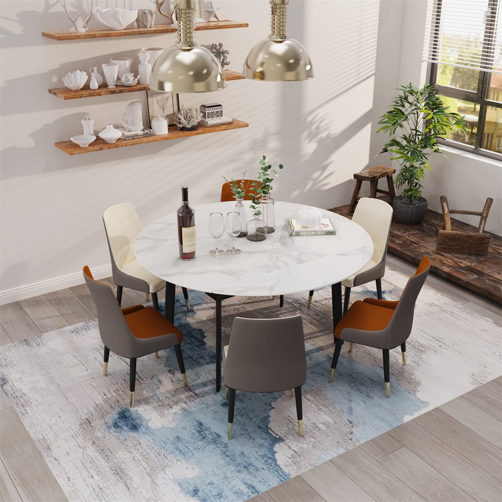 Wisfor White Extendable Round Marble Dining Table with Circular Metal ...