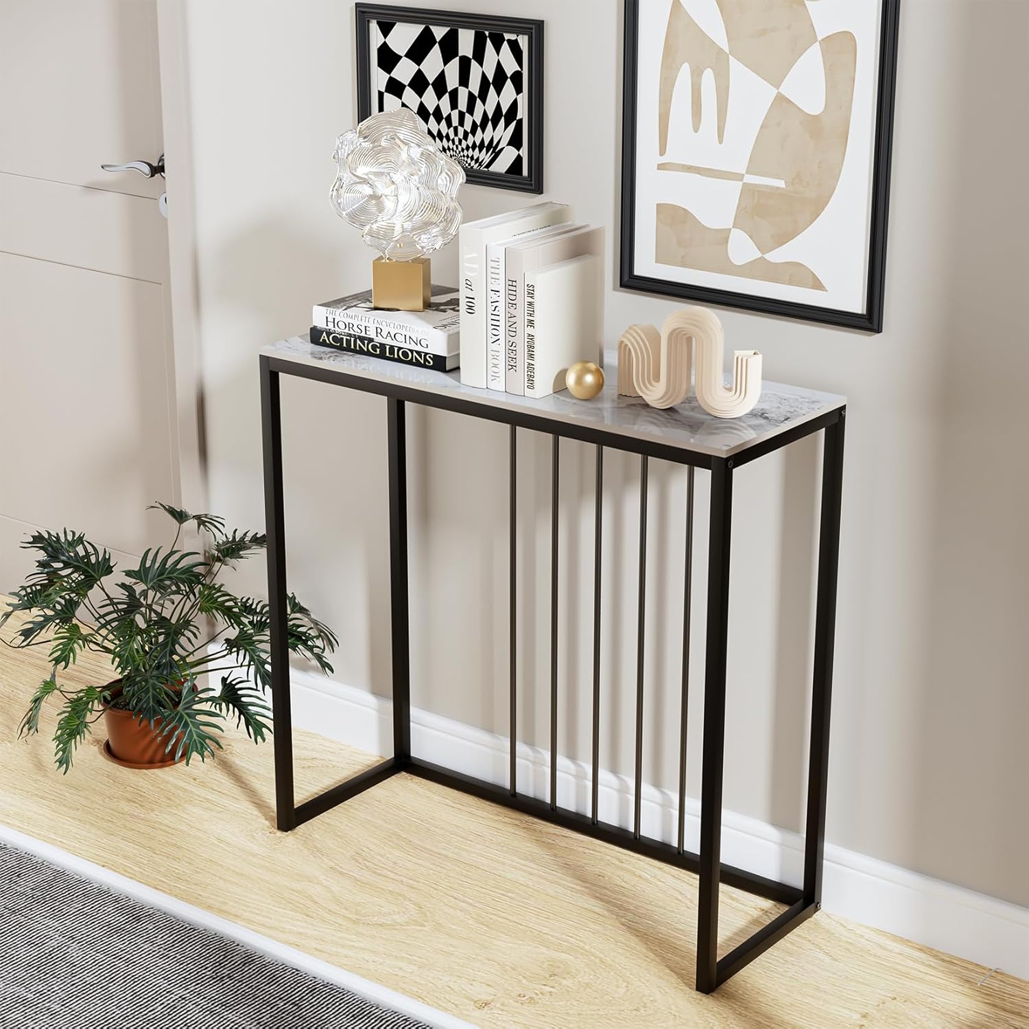 Wisfor Marble Console Table for Entryway: Sintered Stone Hallway Narrow Table White Ink Painting ...