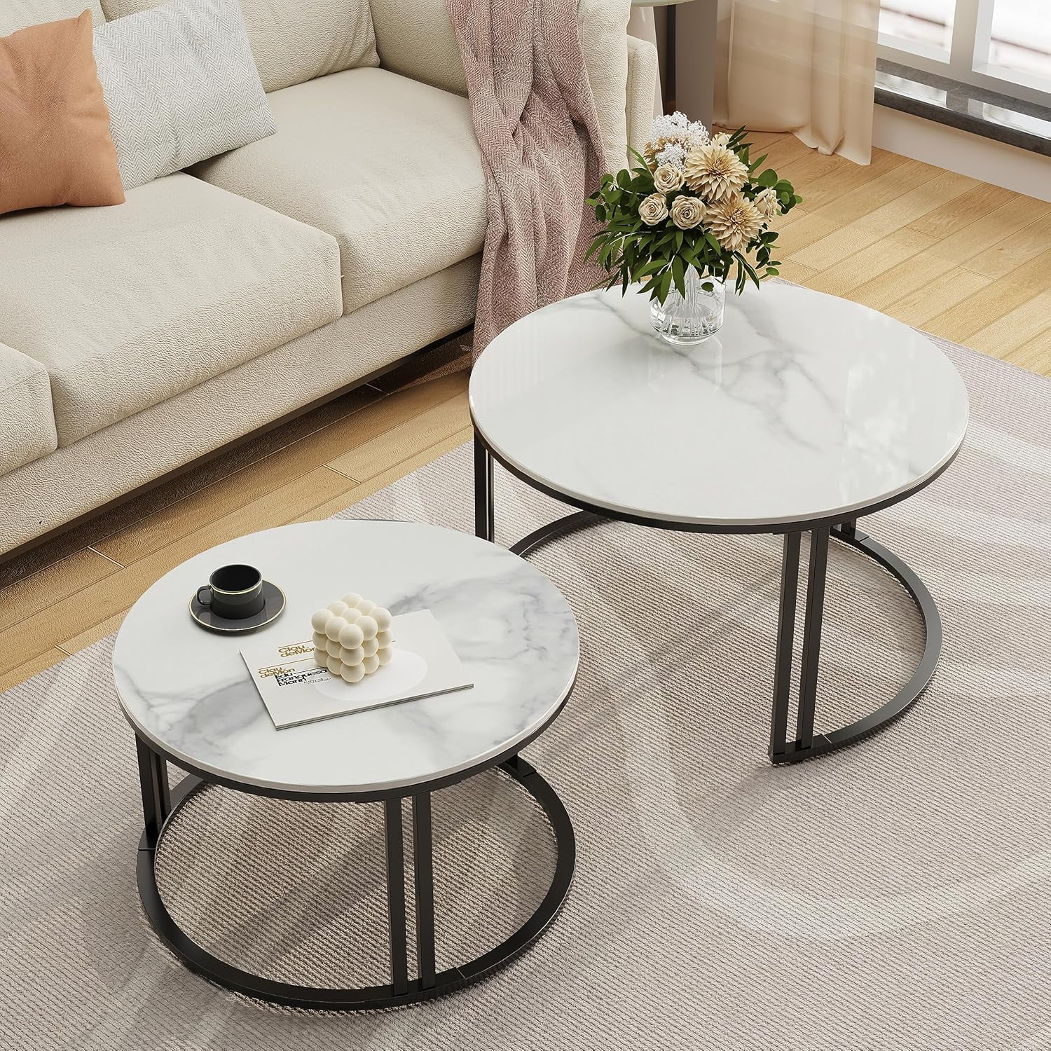 Wisfor Round Nesting Coffee Table: Set of 2 White Sintered Stone Side ...