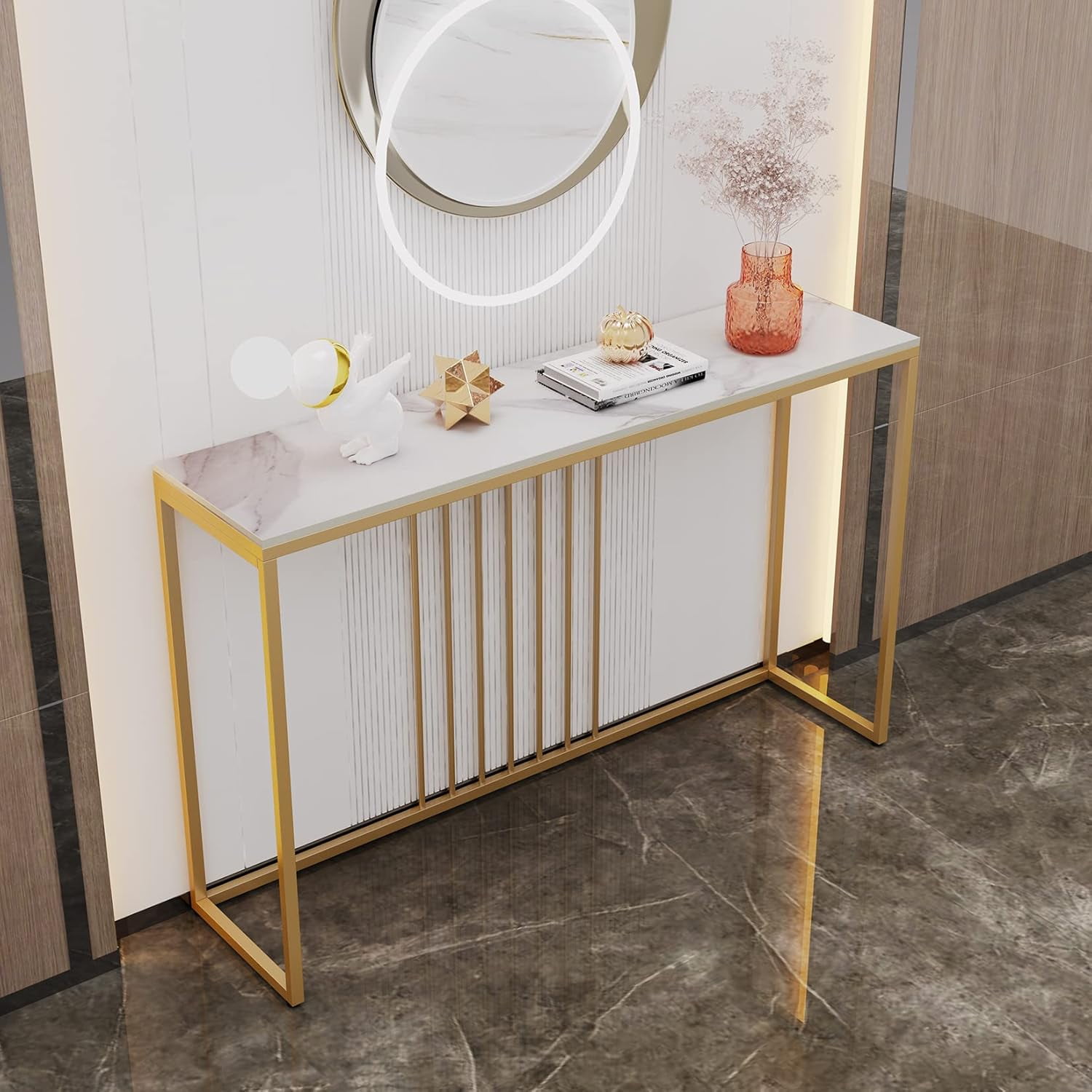 Wisfor Sintered Stone Entryway Console Table: White Marble Tabletop ...