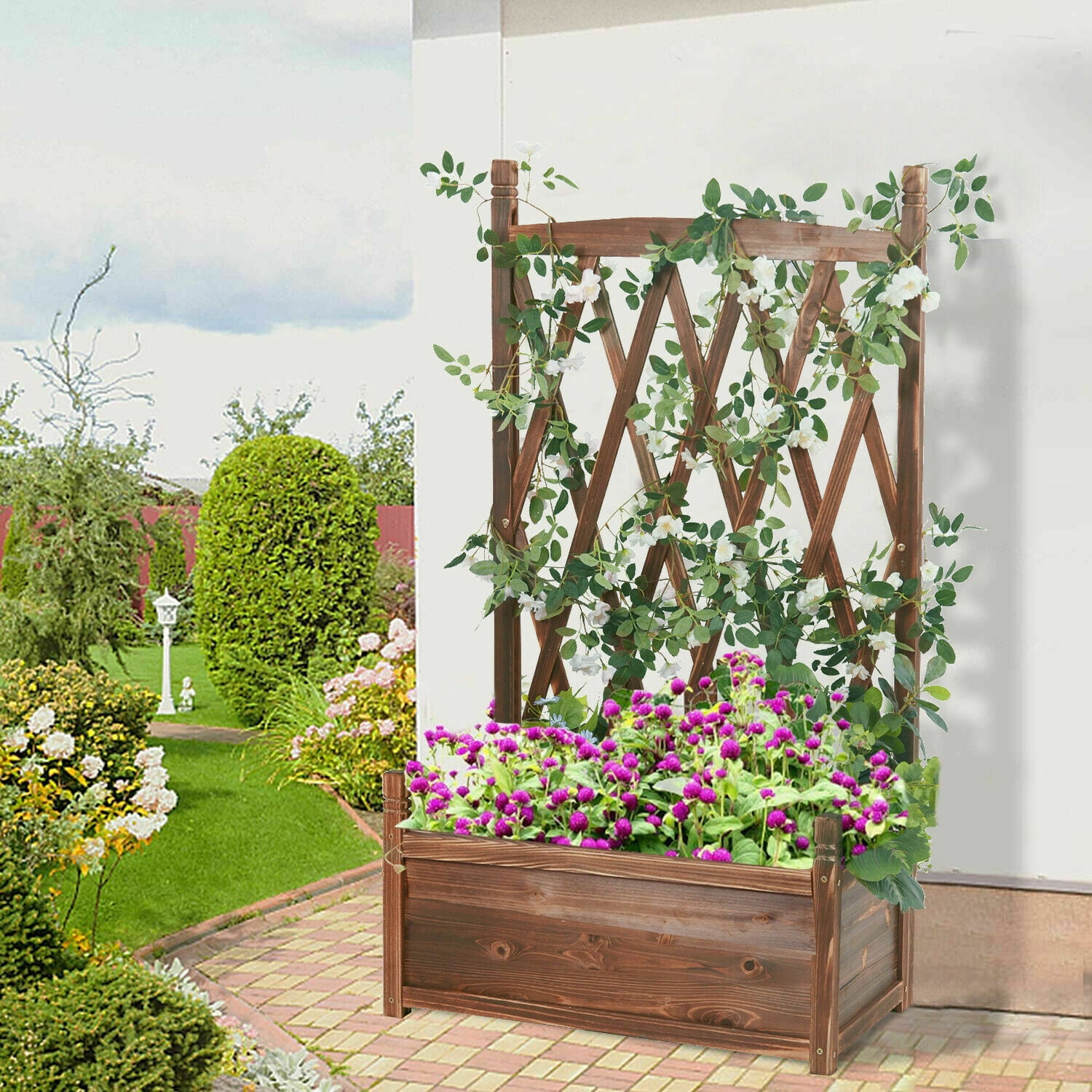Wisfor Solid Pine Wood Garden Bed Large Planting Box with Trellis Home ...