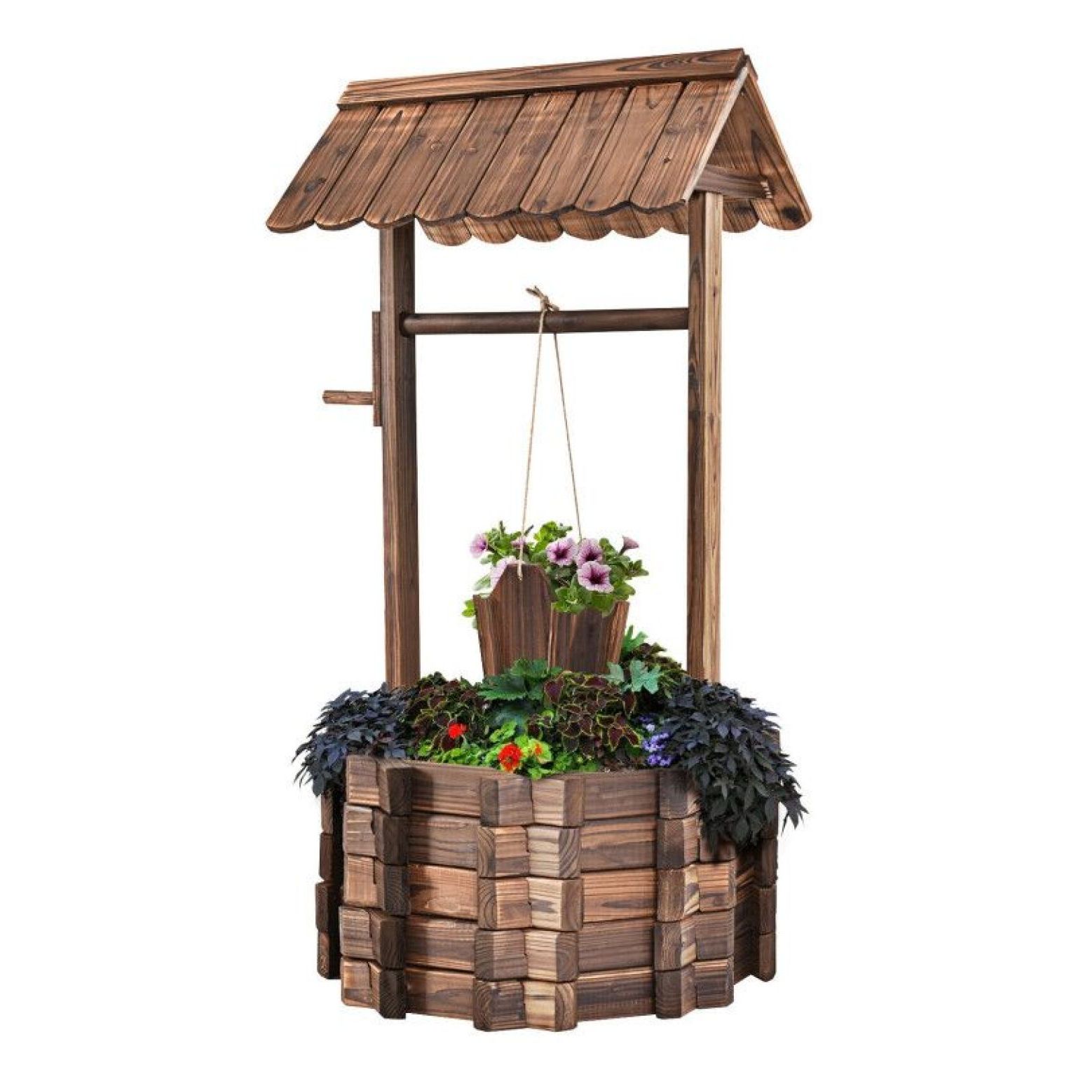 Wishing Well Planter Outdoor - Wooden Garden Well Bucket - Rustic Fir ...