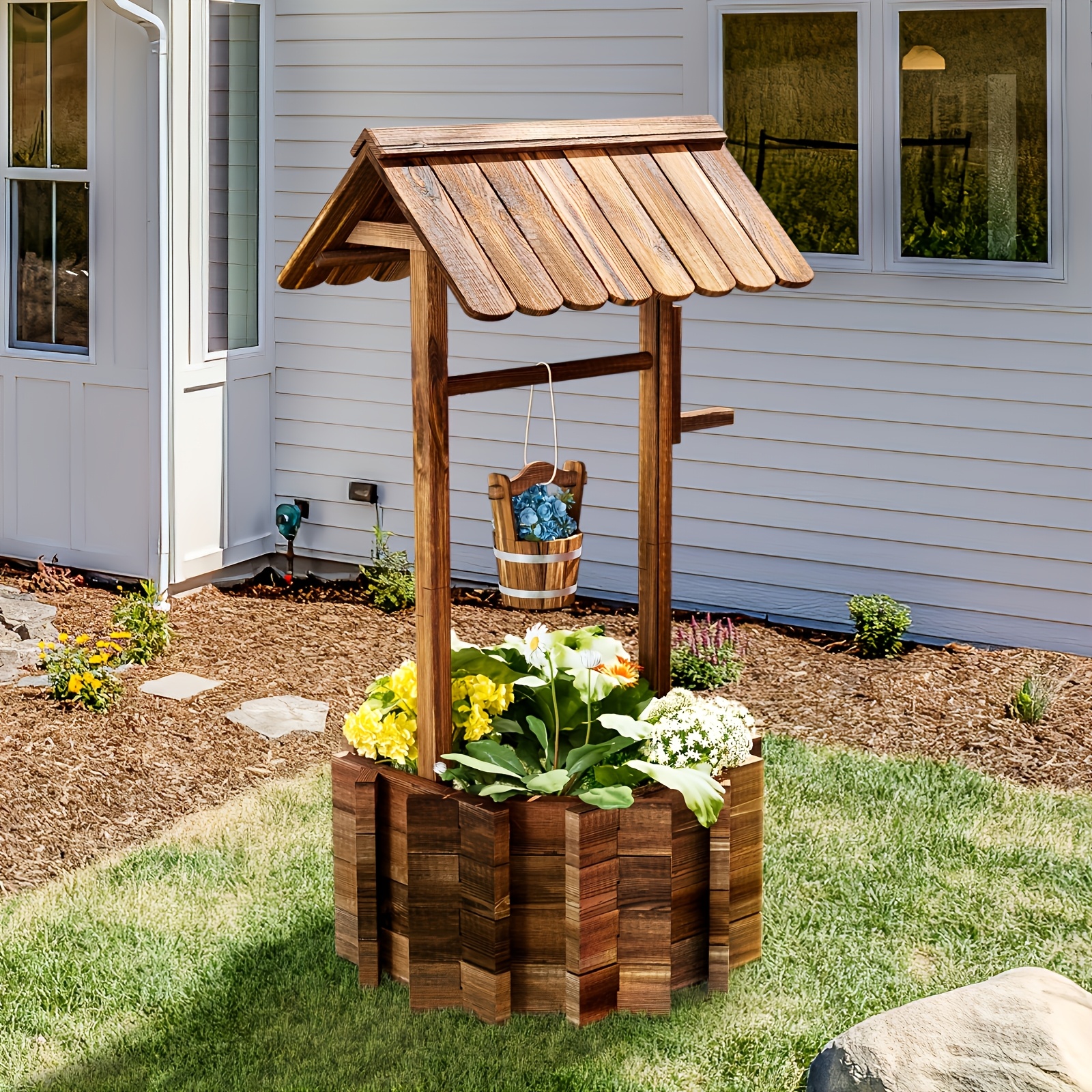 Wishing Well Planter Outdoor - Wooden Rustic Garden Decor with Hanging ...
