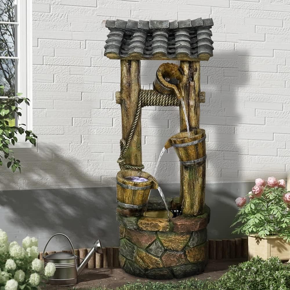 Wishing Well Water Fountain, 39.3inches Rustic Outdoor Water Fountains ...