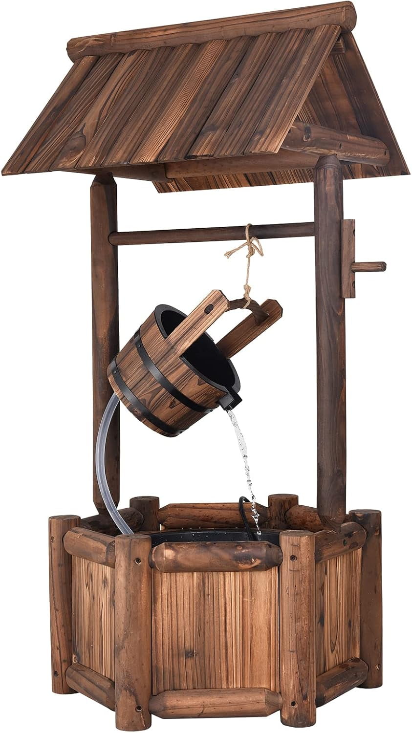 Wishing Well Water Fountain Outdoor, Rustic Wooden Waterfall Fountain ...